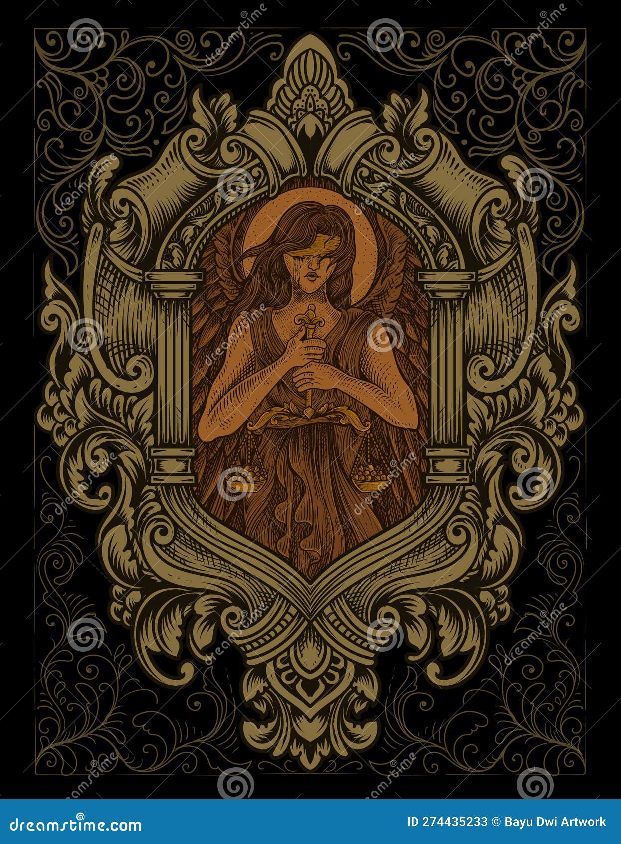Illustration Angel Justice with Engraving Ornament Style Stock Vector ...