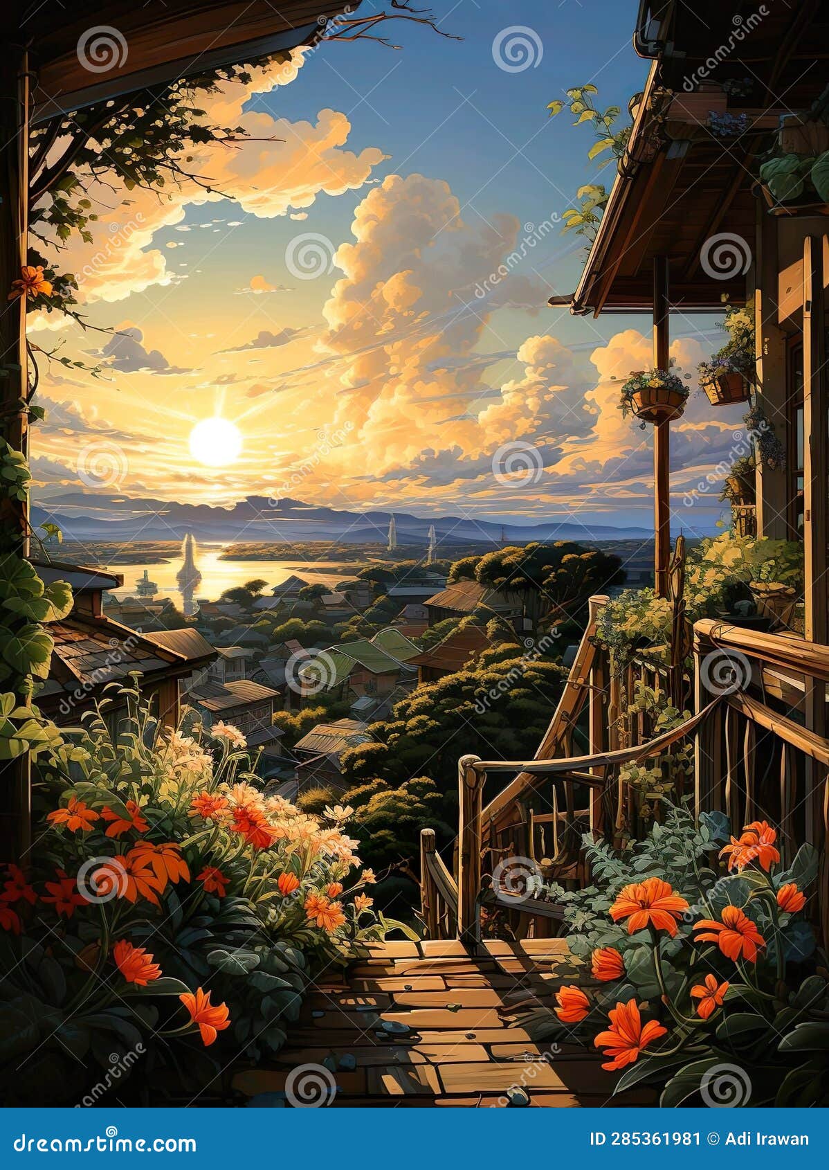 An Illustration Animation Painting of a Sunset with Village View Stock ...