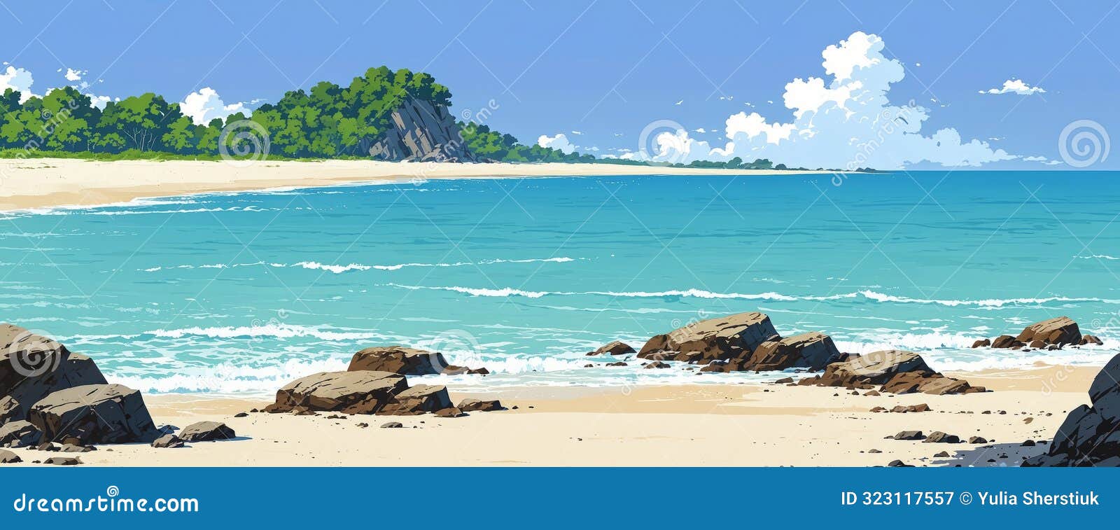 Illustration of an Anime Beach Scenery with Rocks. Stock Illustration ...