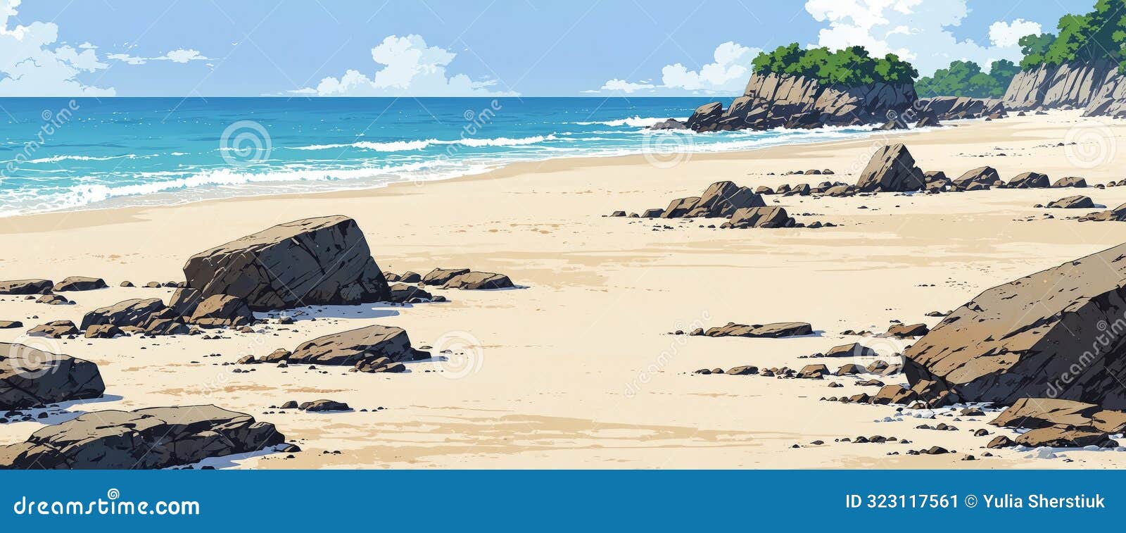 Illustration of an Anime Beach Scenery with Rocks. Stock Image - Image ...