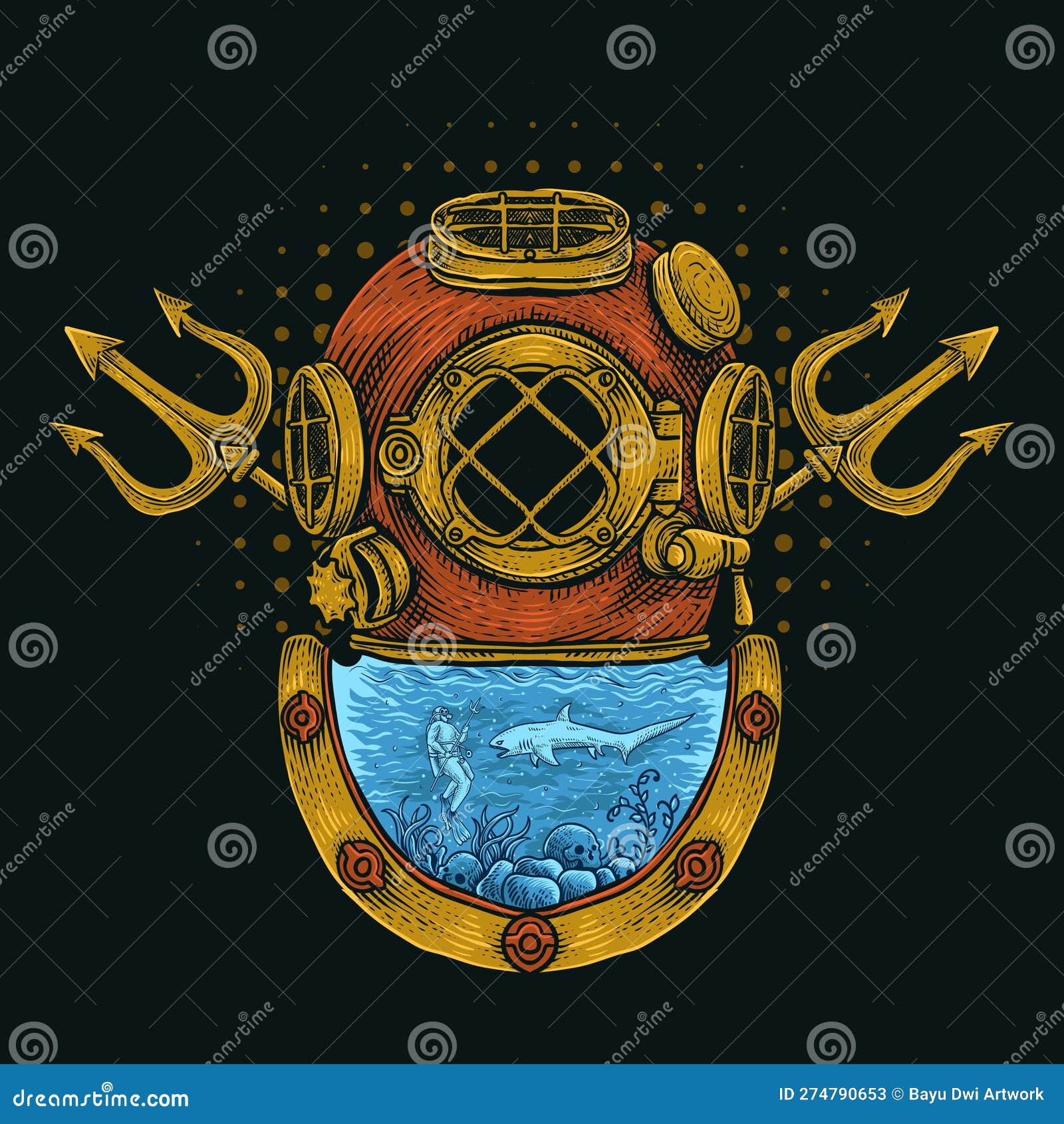 Illustration Antique Diving Helmet with Two Trident Stock Vector ...
