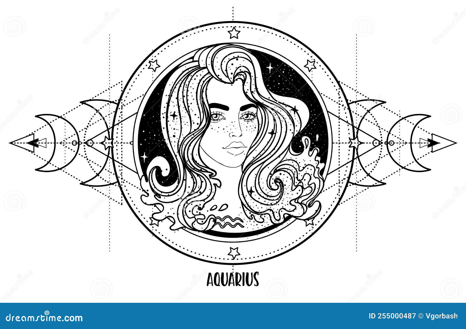 Illustration Of Aquarius Astrology Sign As A Beautiful Girl Over Sacred