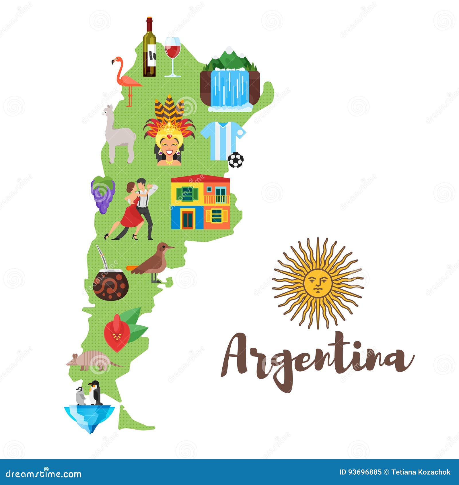 Illustration Of Argentina Map With Argentinian National Cultural Symbols Stock Vector