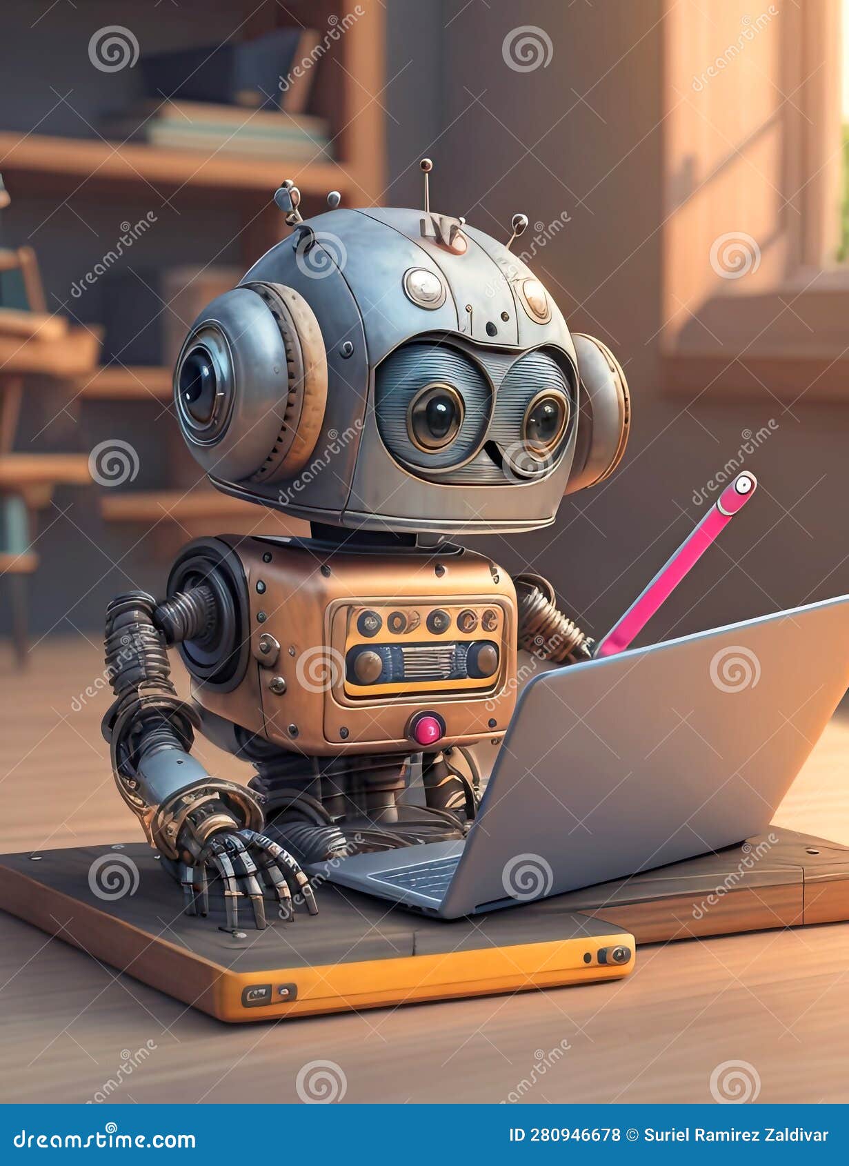 Illustration of Artificial Intelligence Small Cute Robot, Writing ...