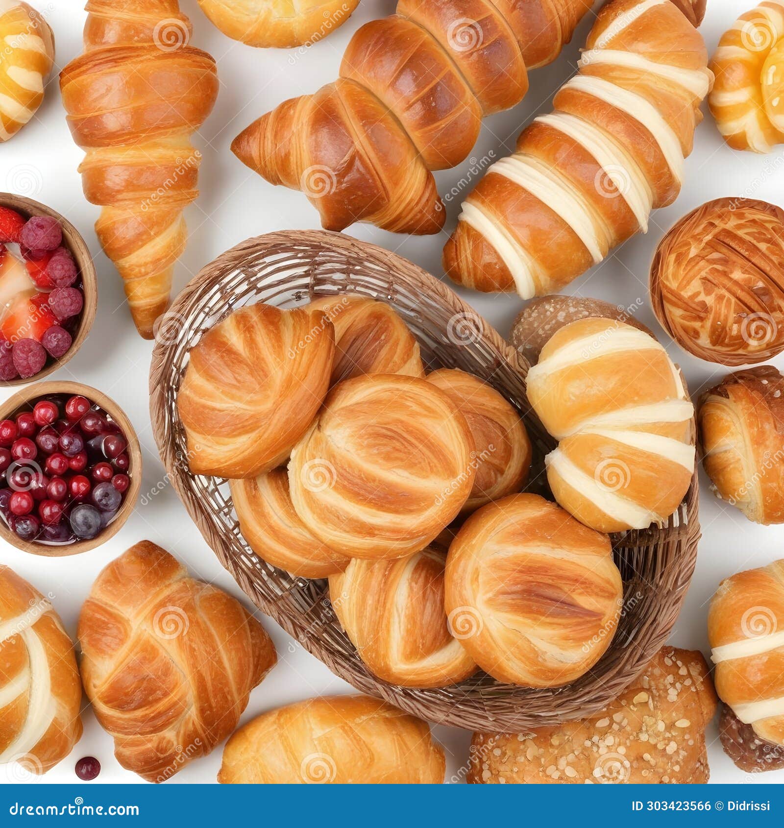 An Illustration of an Assortment of Fresh Pastries in Wicker Bowl ...