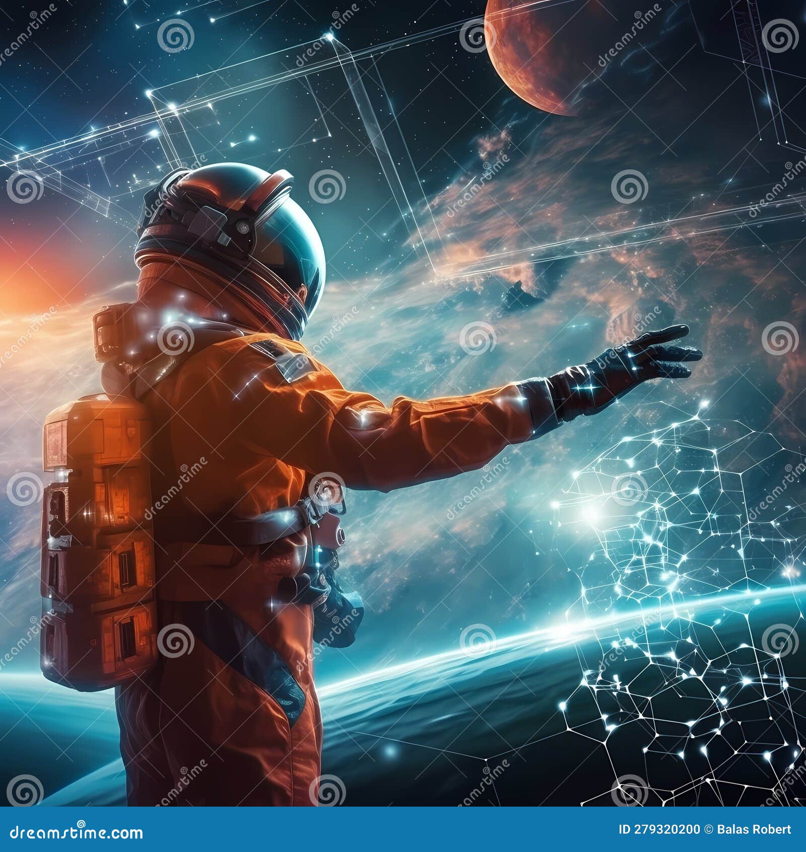 Illustration Of An Astronaut In Space Looking At Data Floating Around ...