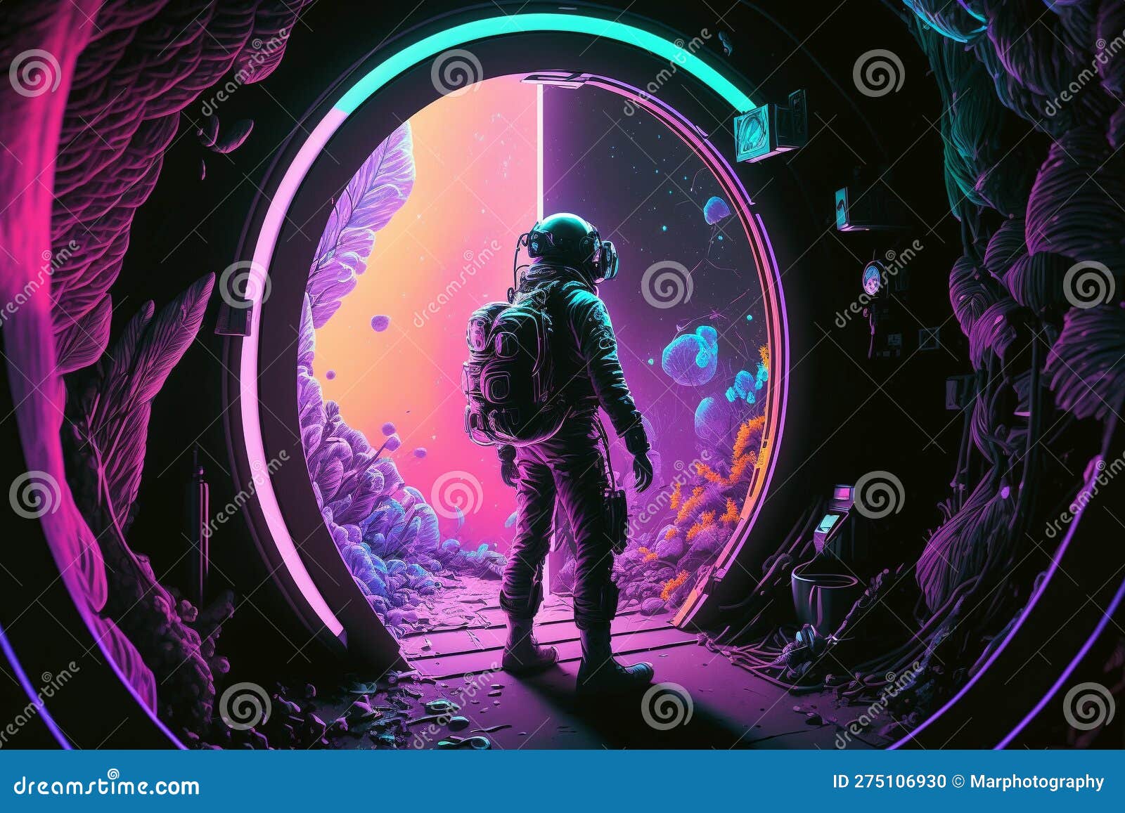 Illustration of an Astronaut in Spacesuit Entering a Future Portal ...