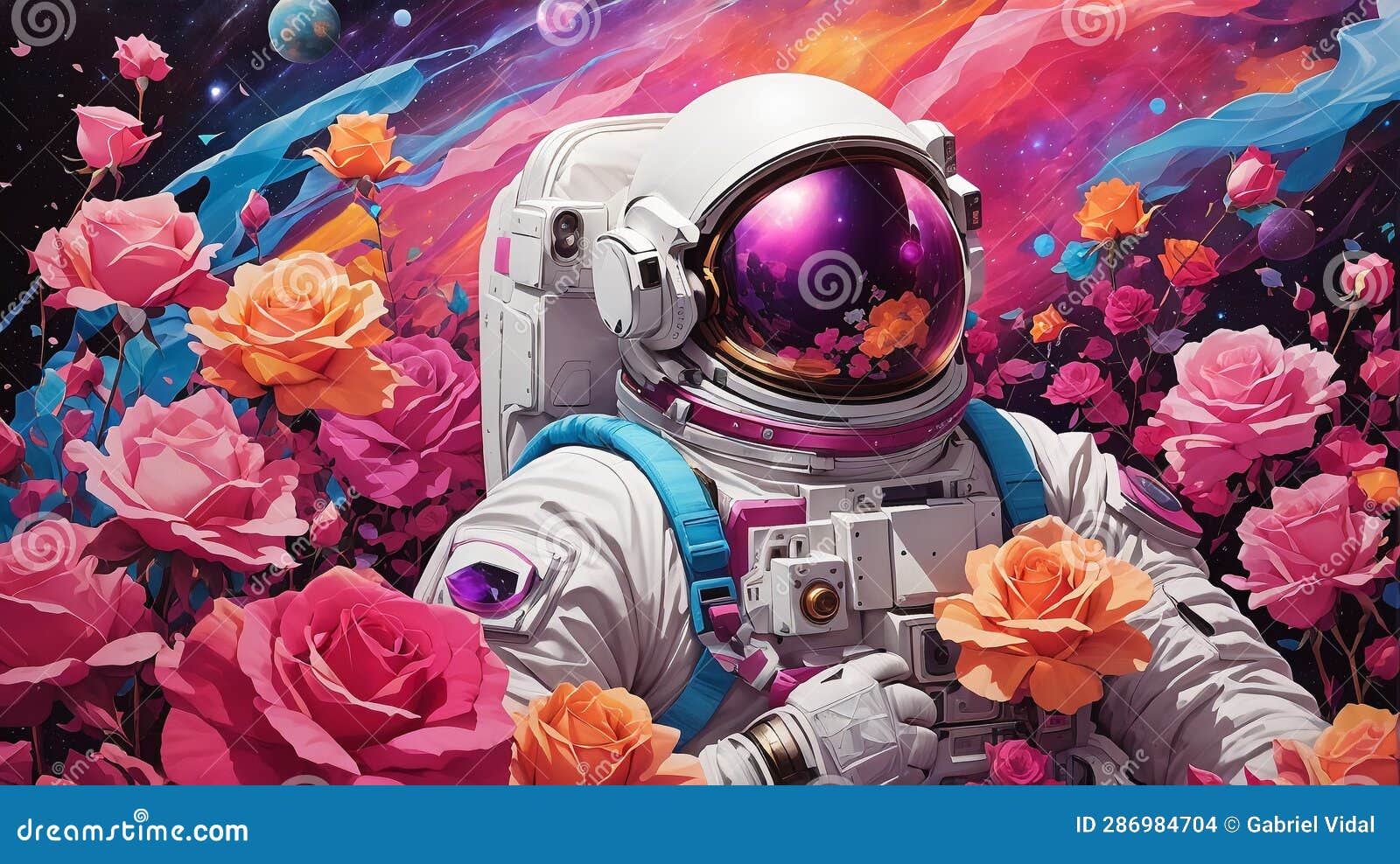 Illustration of an Astronaut Surrounded by Roses Stock Illustration ...