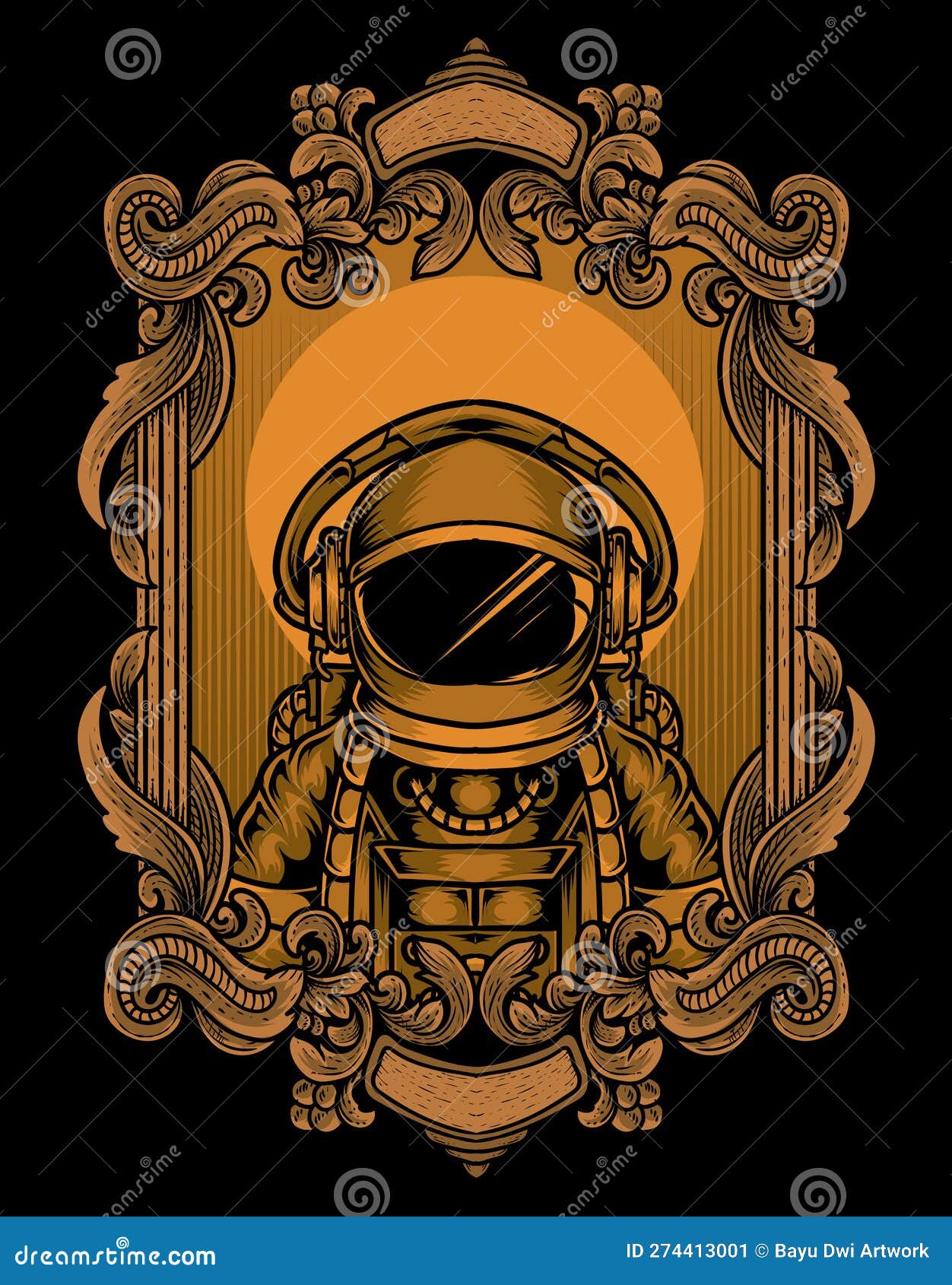 Illustration Astronaut on Vintage Engraving Ornament Frame Stock Vector ...