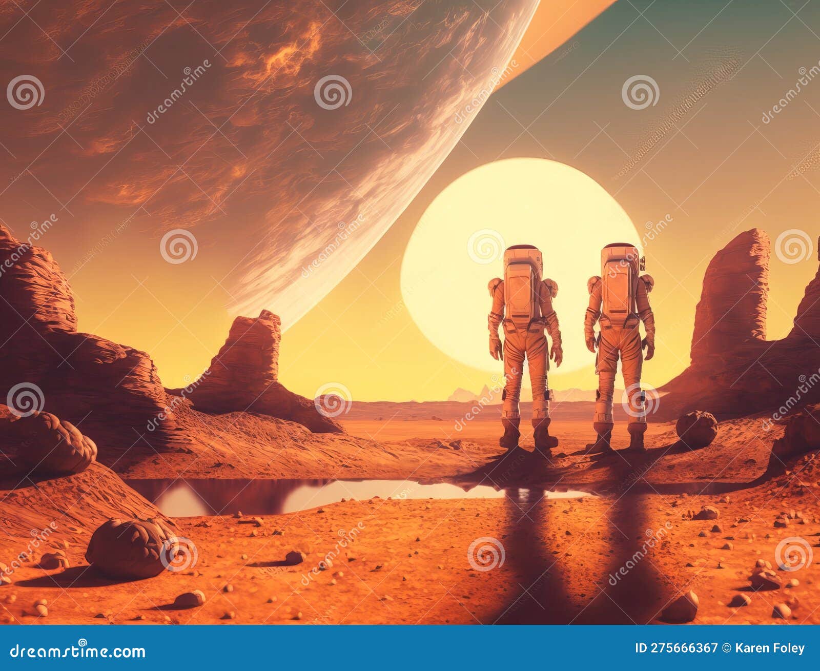 Astronauts on alien planet stock illustration. Illustration of ...