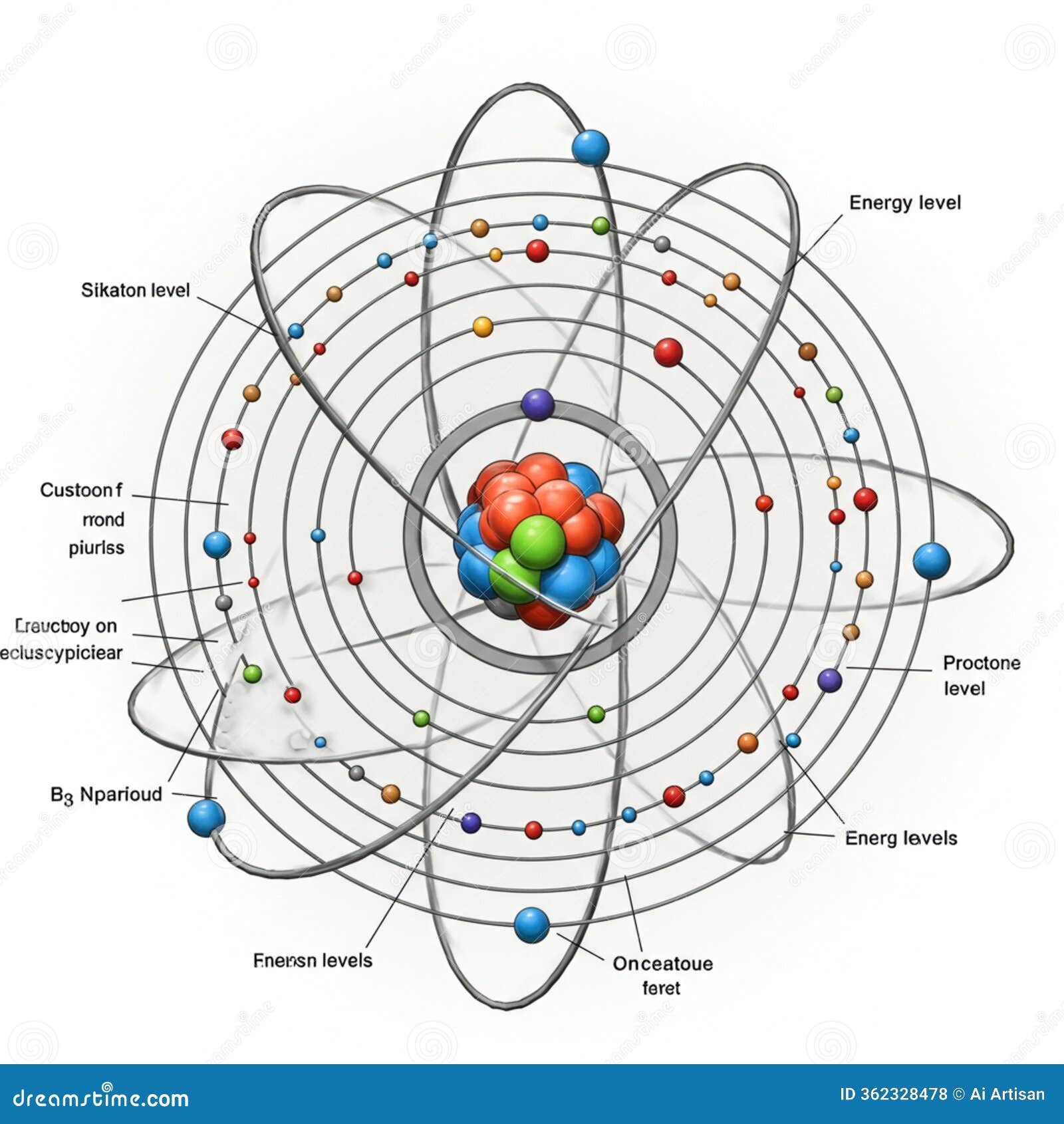 Illustration of an Atom Model with a Central Nucleus Composed of Red ...