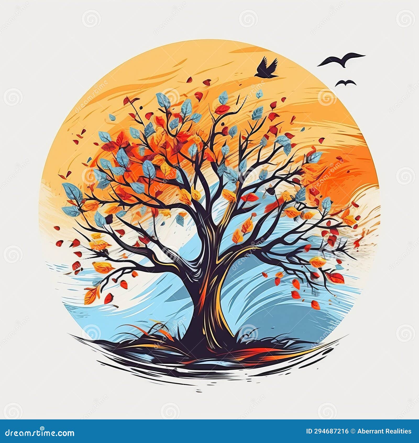 An Illustration of an Autumn Tree with Birds Flying Around it Stock ...