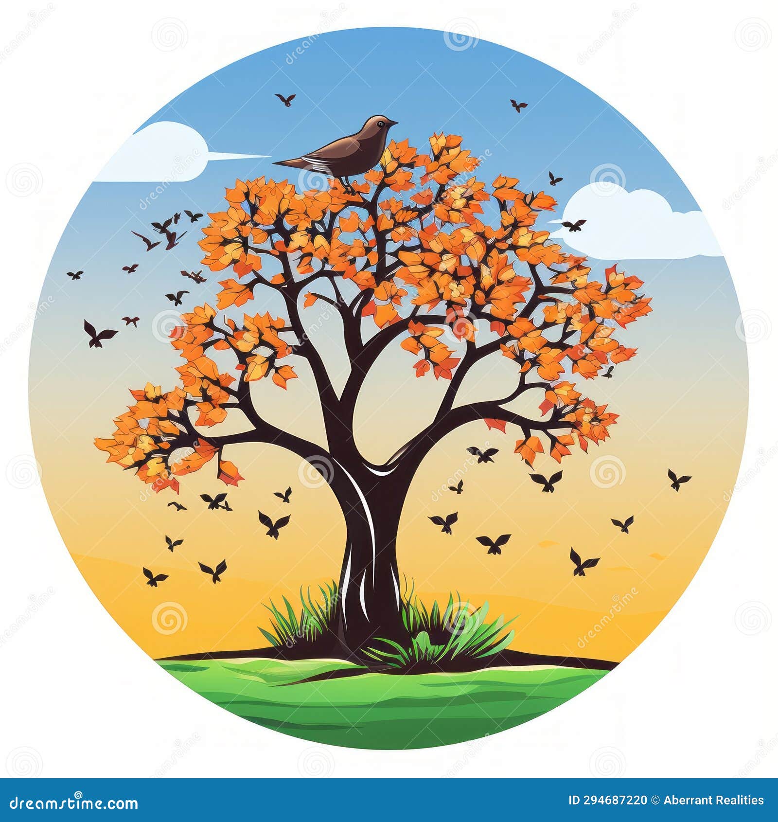 An Illustration of an Autumn Tree with Birds Flying Around it Stock ...