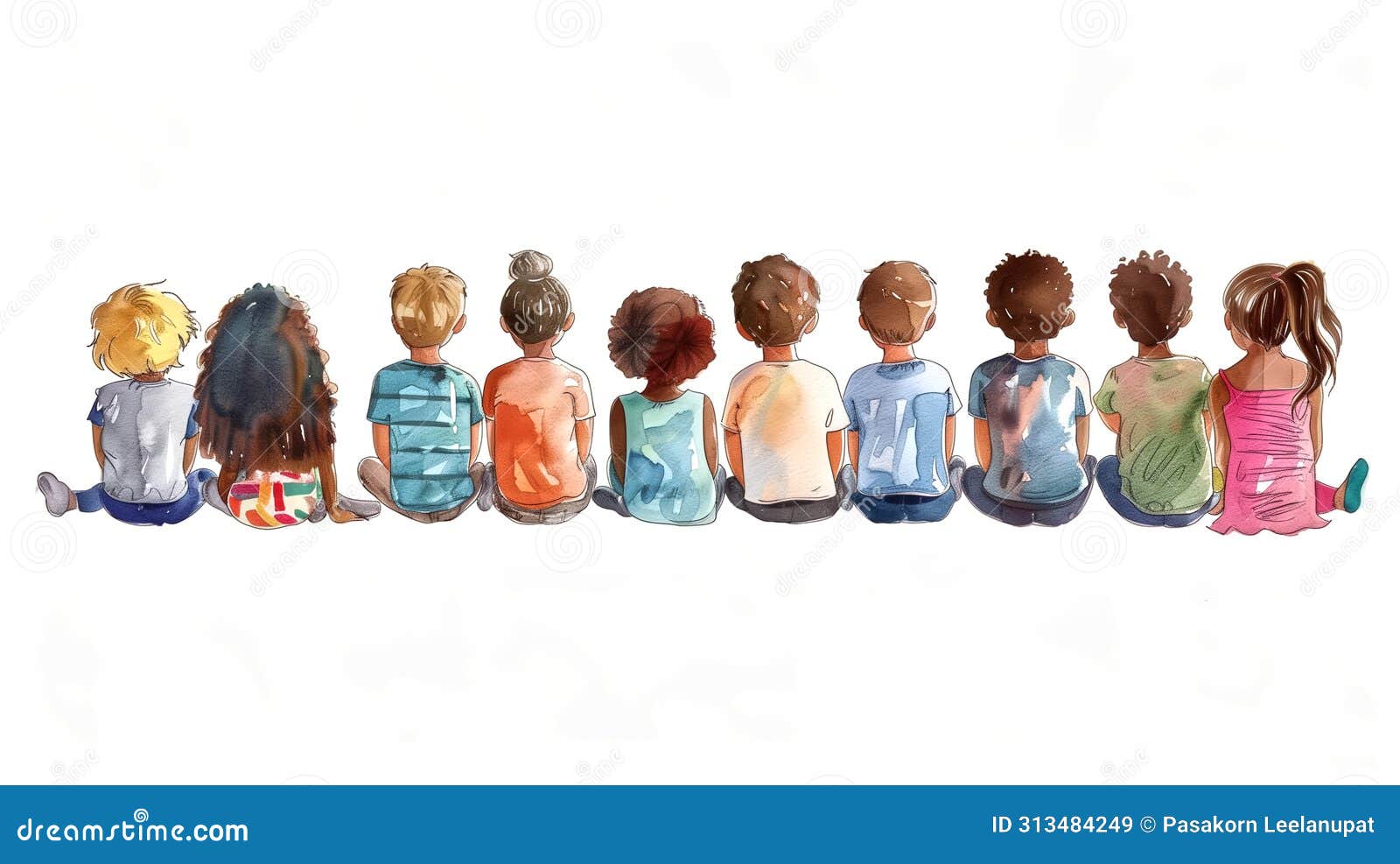 Illustration Back View of Children Group Sitting Together with C Stock ...