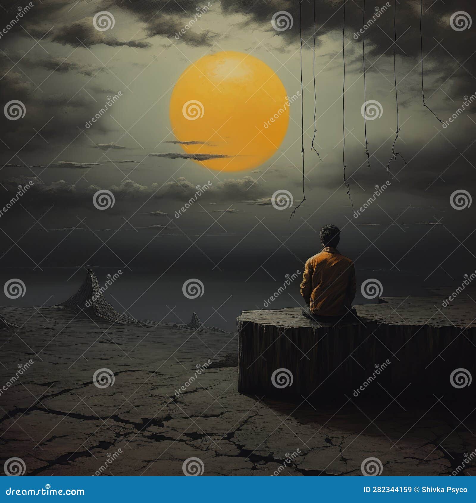 Illustration of Back View of a Lonely Man Sitting on Rock Stock ...