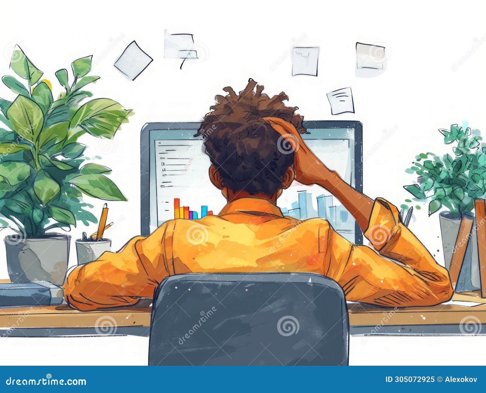 Illustration of a Back View of a Young Man Sitting at His Desk in Front ...