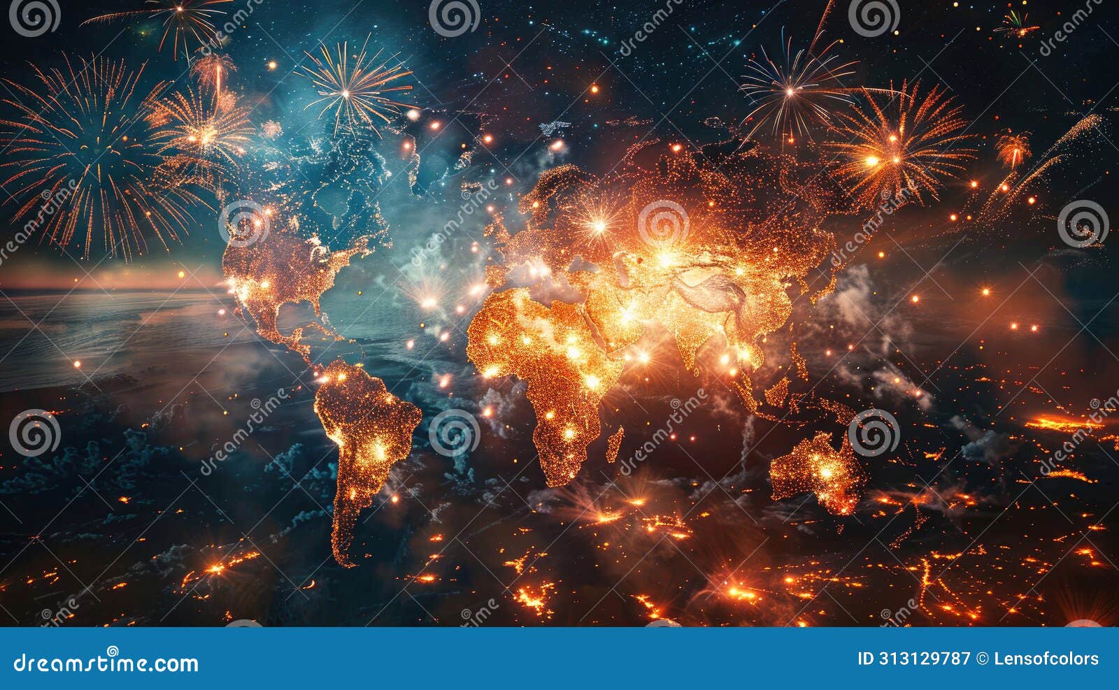 Pattern of a World Map with Fireworks Exploding Over Different ...
