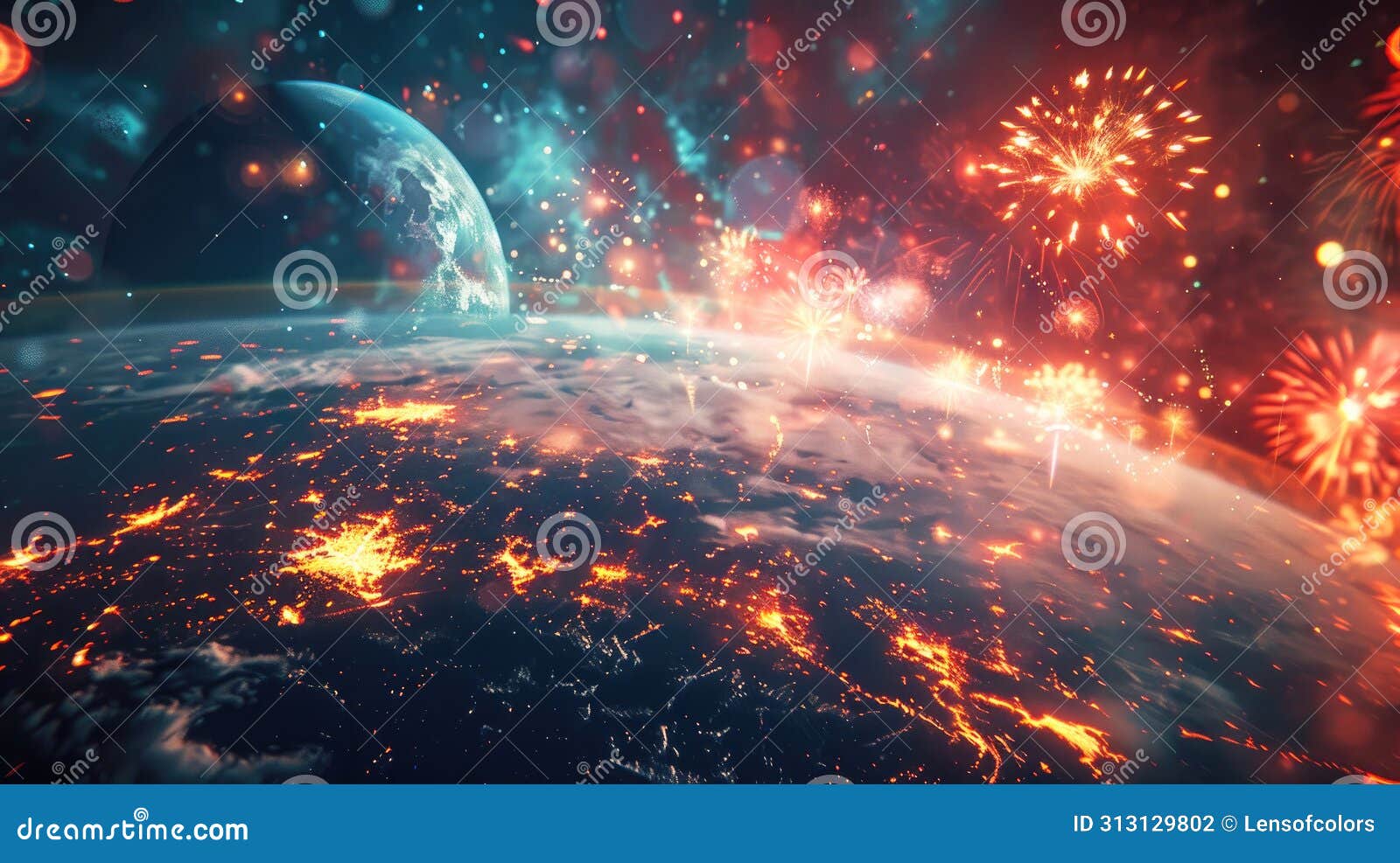 Representation of Planet Earth with Fireworks Explosion Seen from Space ...