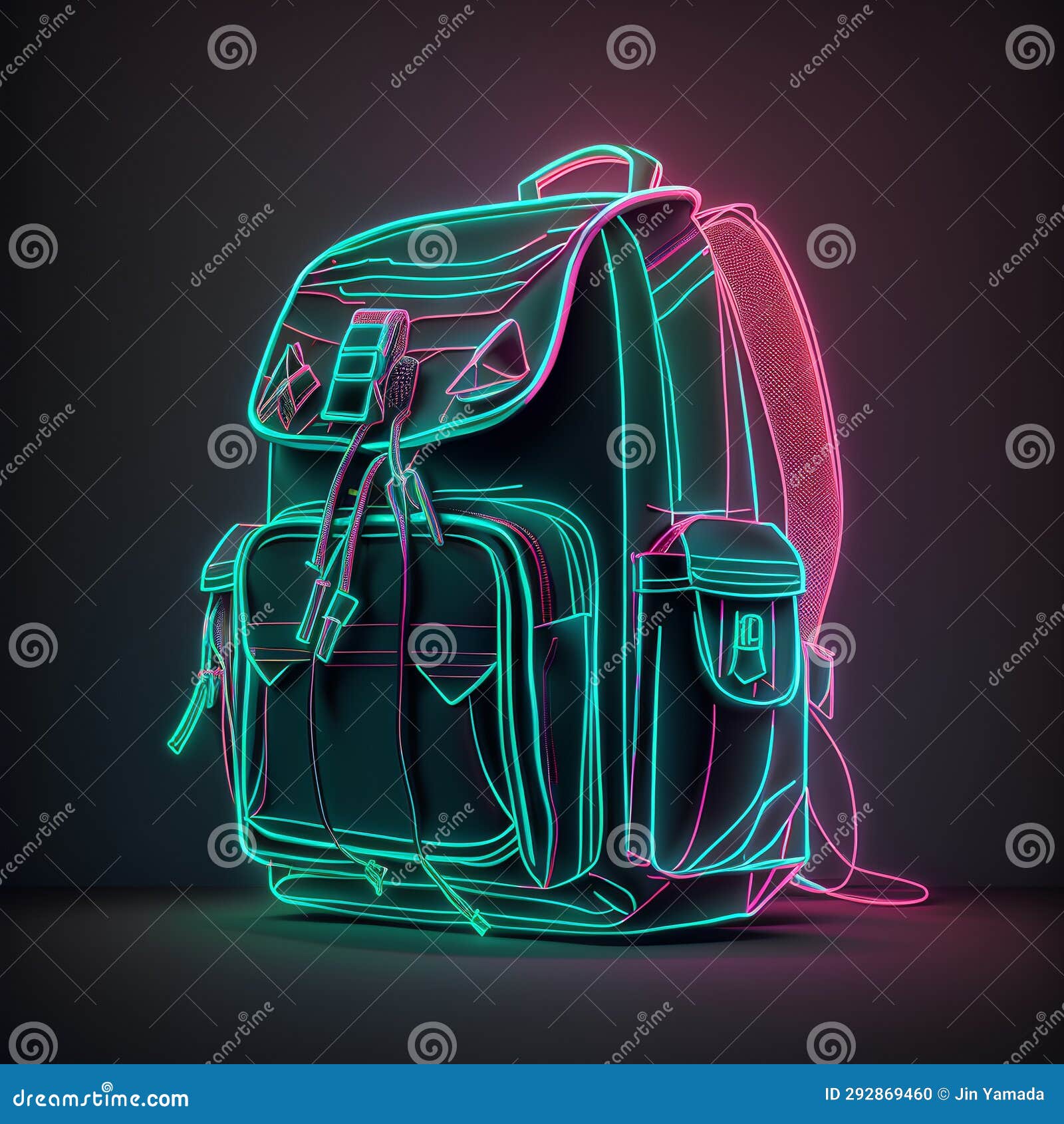 Illustration of a Backpack on a Dark Background with Neon Lights. Stock ...
