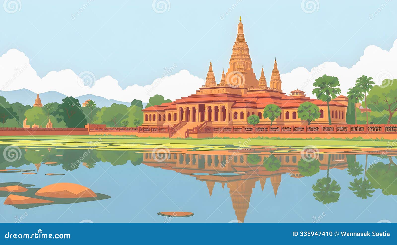 Illustration of Bagan Pagoda with Reflection in the Lake. Stock Photo ...