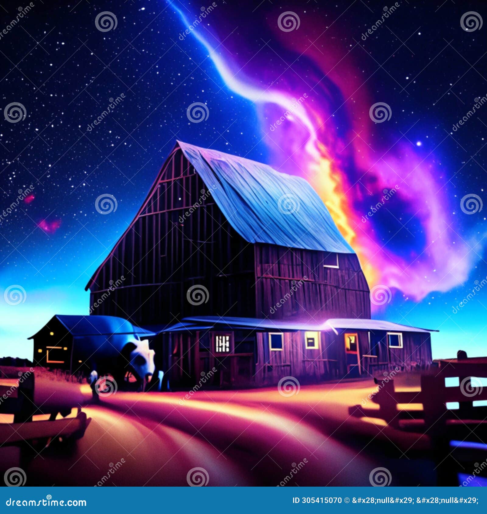 Illustration of a Barn at Night with a Lightning in the Sky AI ...