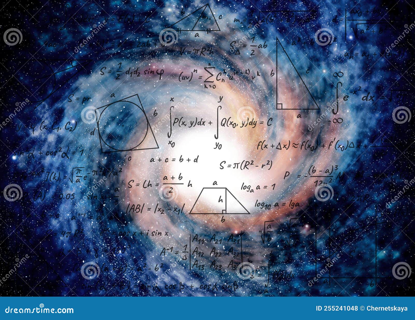 Illustration of Basic Physics and Mathematics Formulas and Galaxy in ...