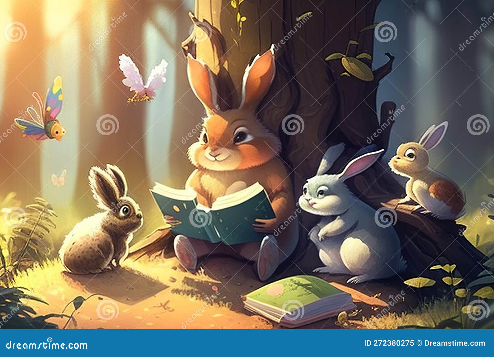Illustration of a Bear and a Rabbit Reading a Book Stock Illustration ...