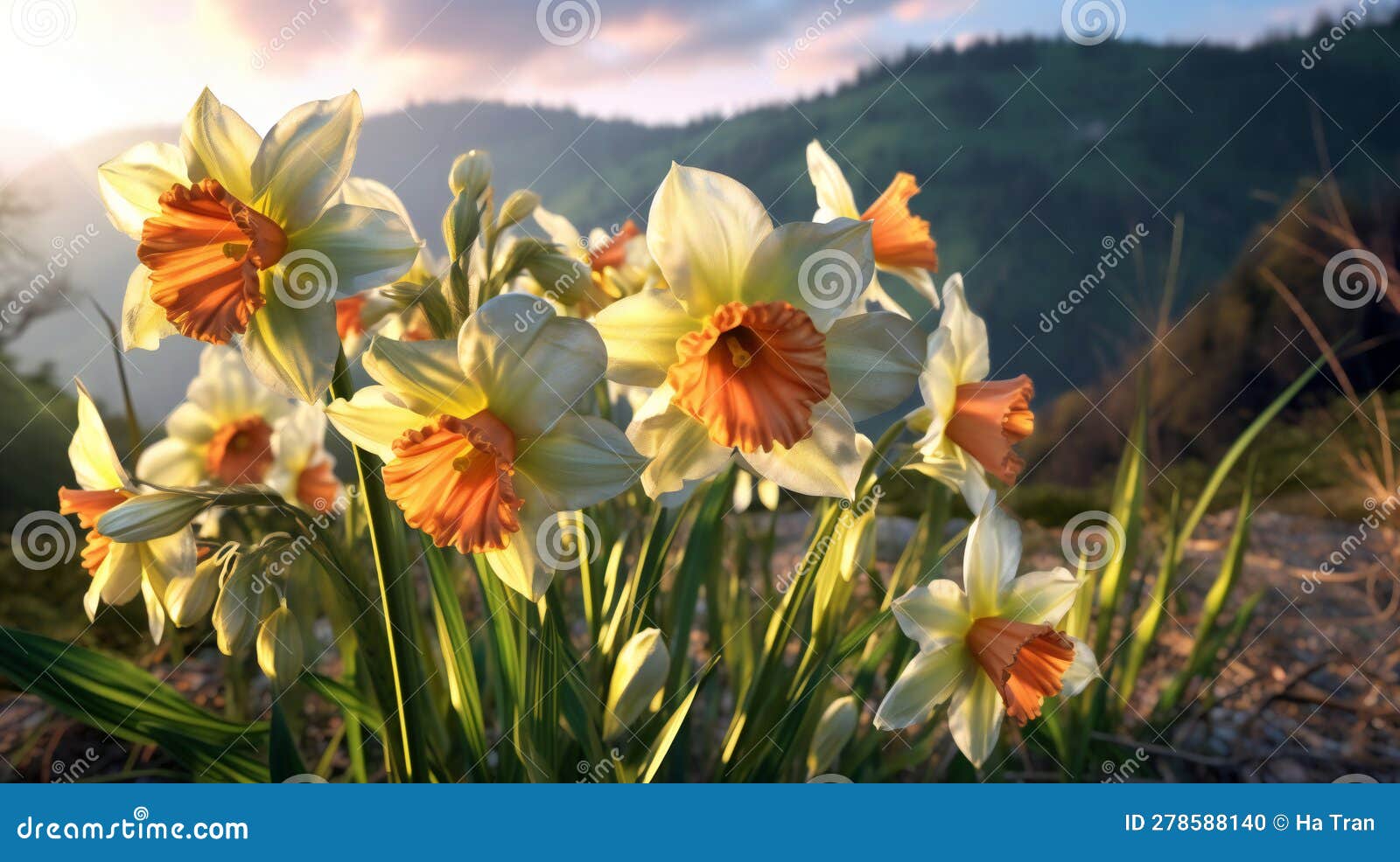 Beautiful Daffodils in the Mountains at Sunset, Spring Landscape Stock ...