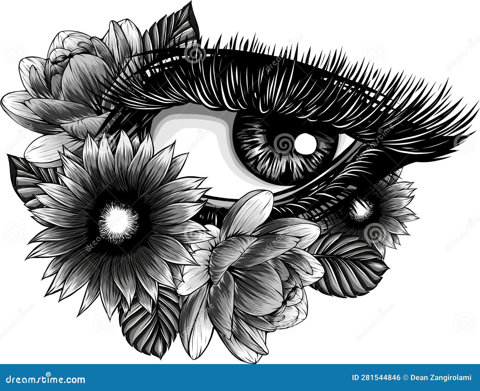 Monochromatic Illustration of Beautiful Eye with Flower Stock Vector ...