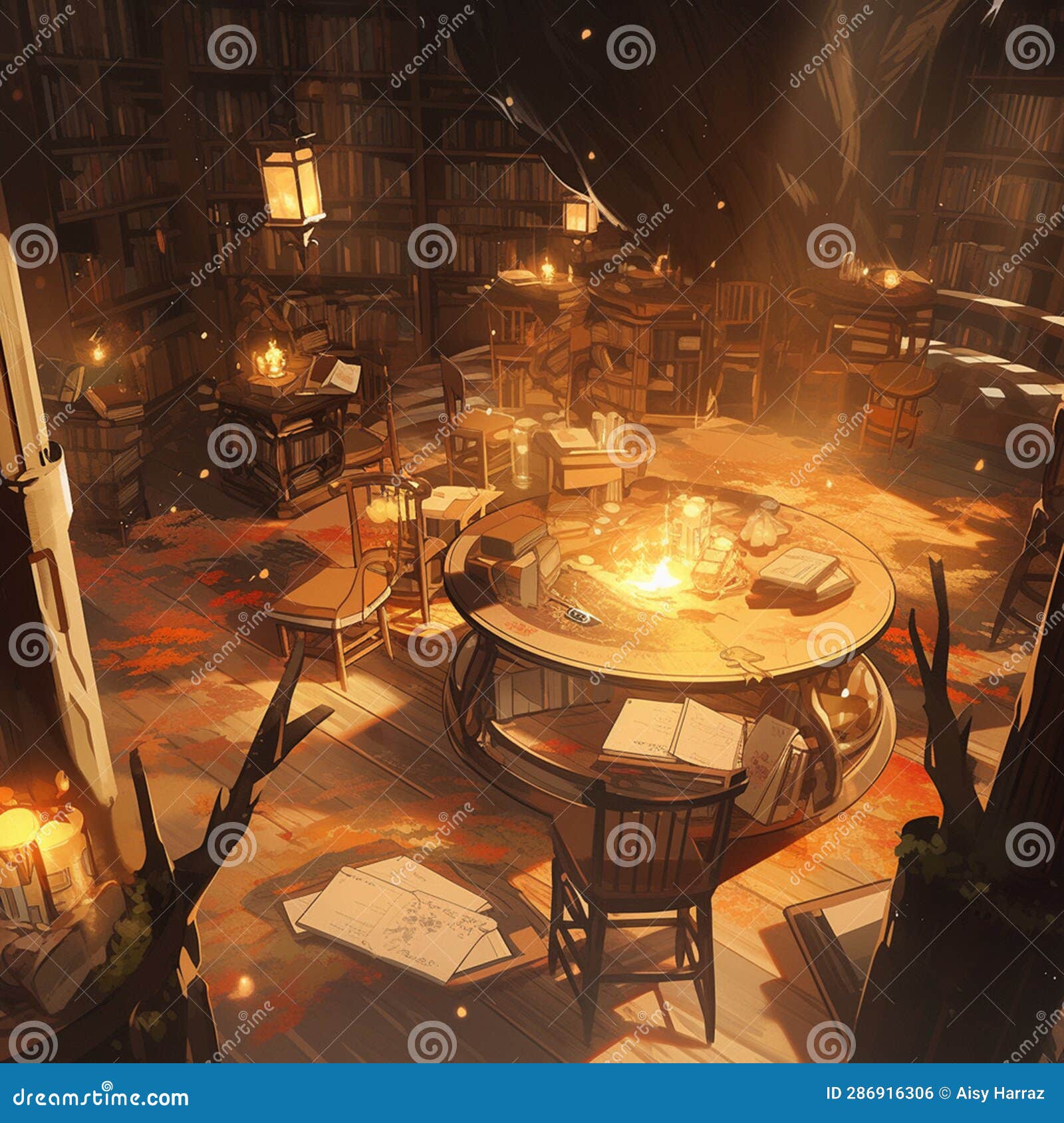 A Fantasy Library Anime Illustration. a Beautiful View of Library in ...