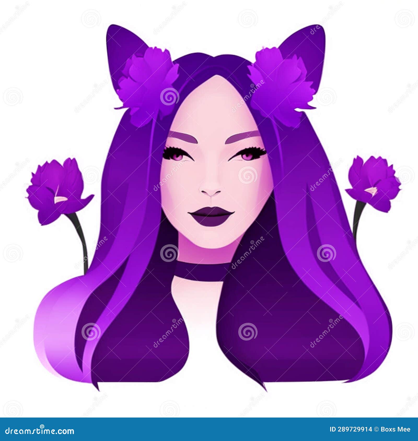 Illustration Of A Beautiful Girl With Purple Hair And Flowers In Her