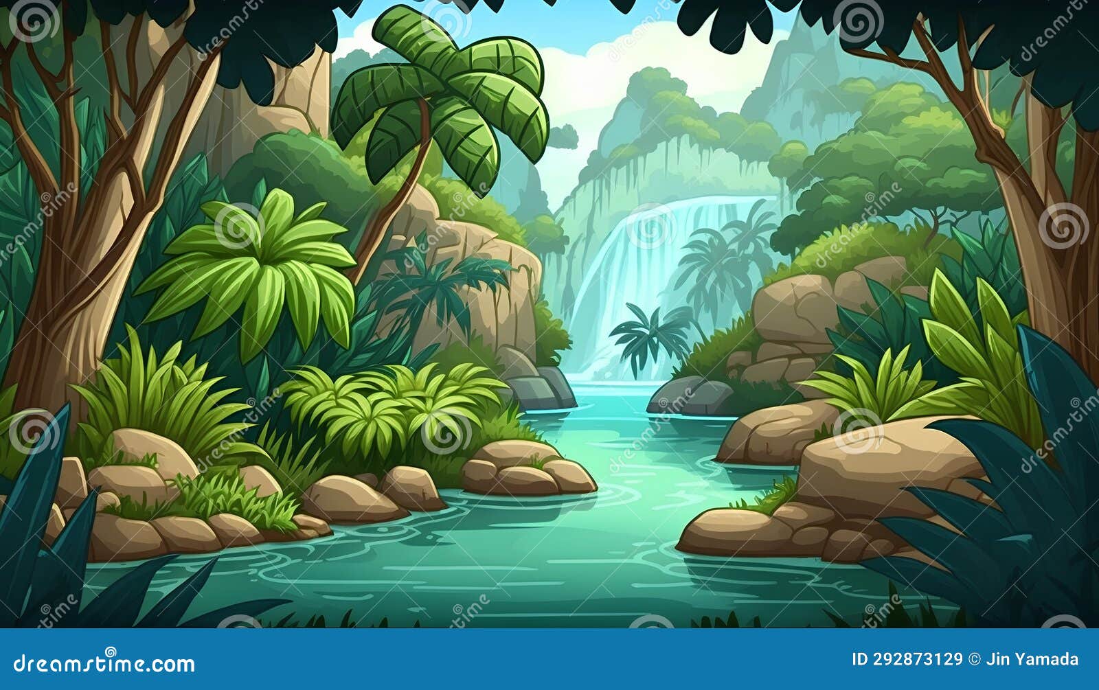 Illustration of a Beautiful Jungle with a Waterfall on a White ...