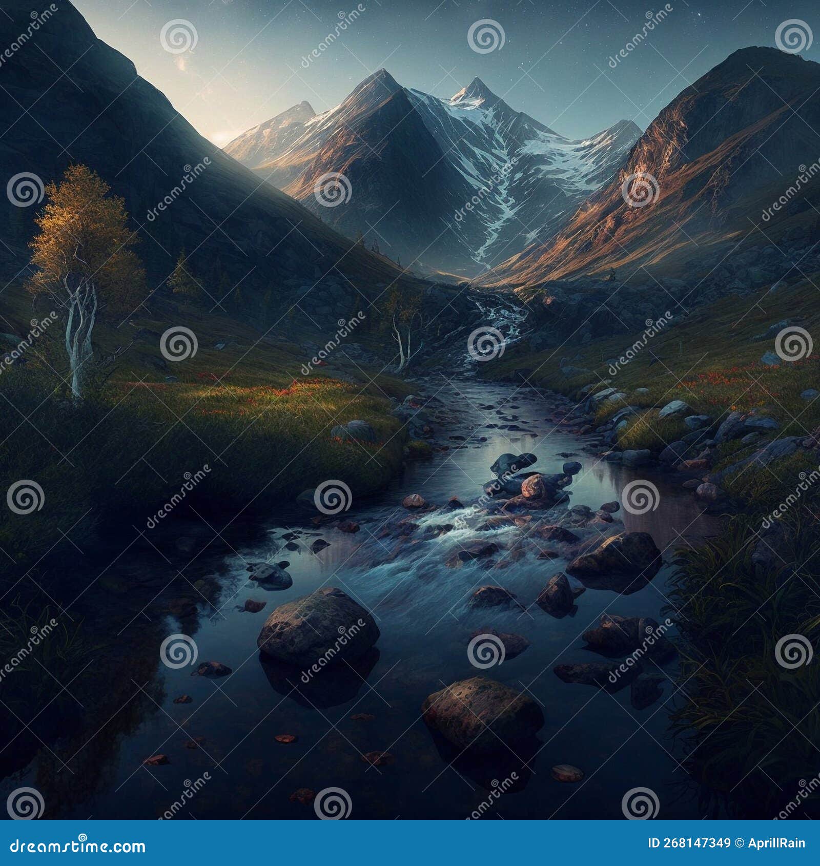 Illustration of a Beautiful Mountain Stream in the Style of Realism ...