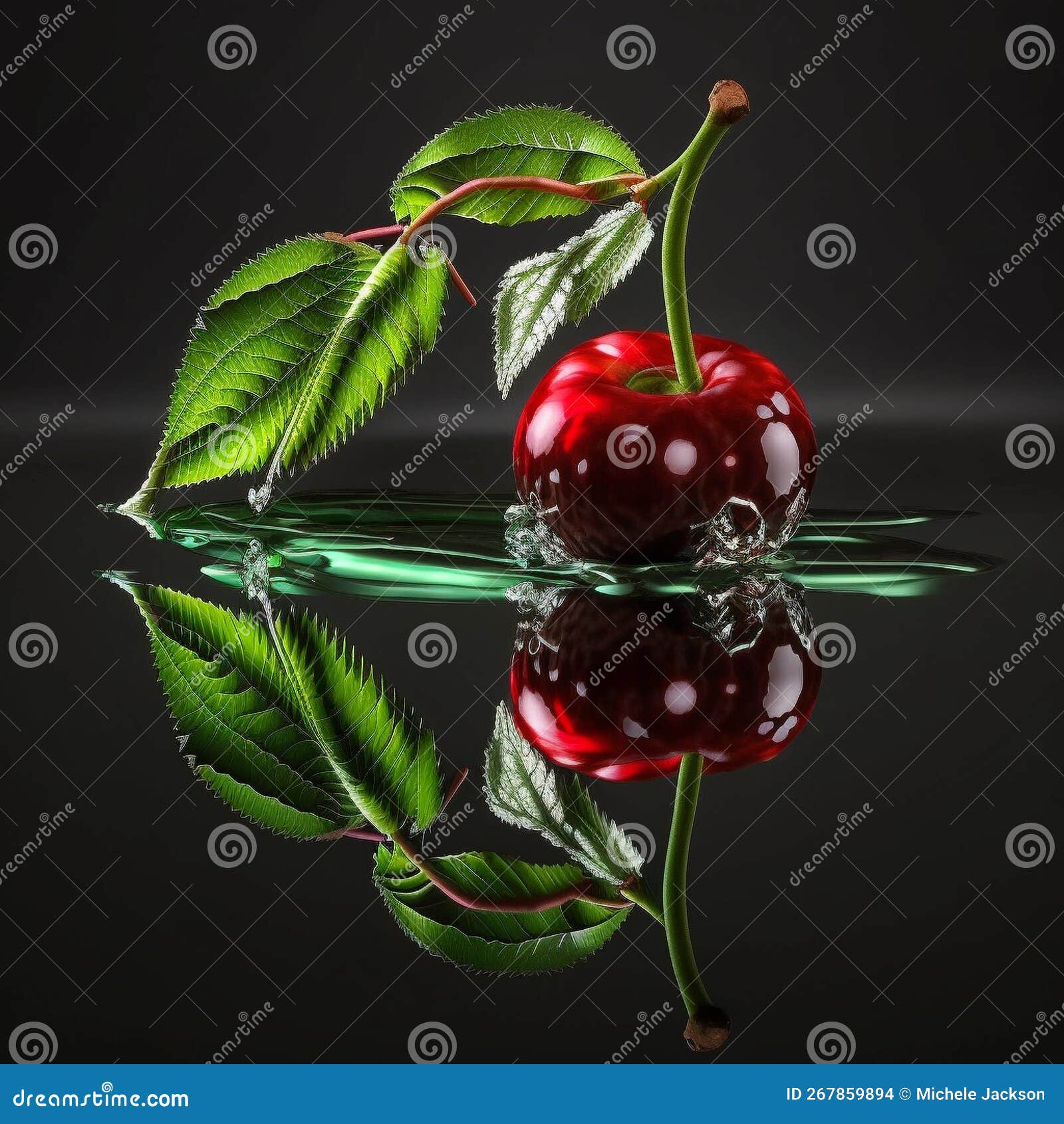A Cherry with Stalk Reflected on a Shiny Black Surface, Generative Ai ...