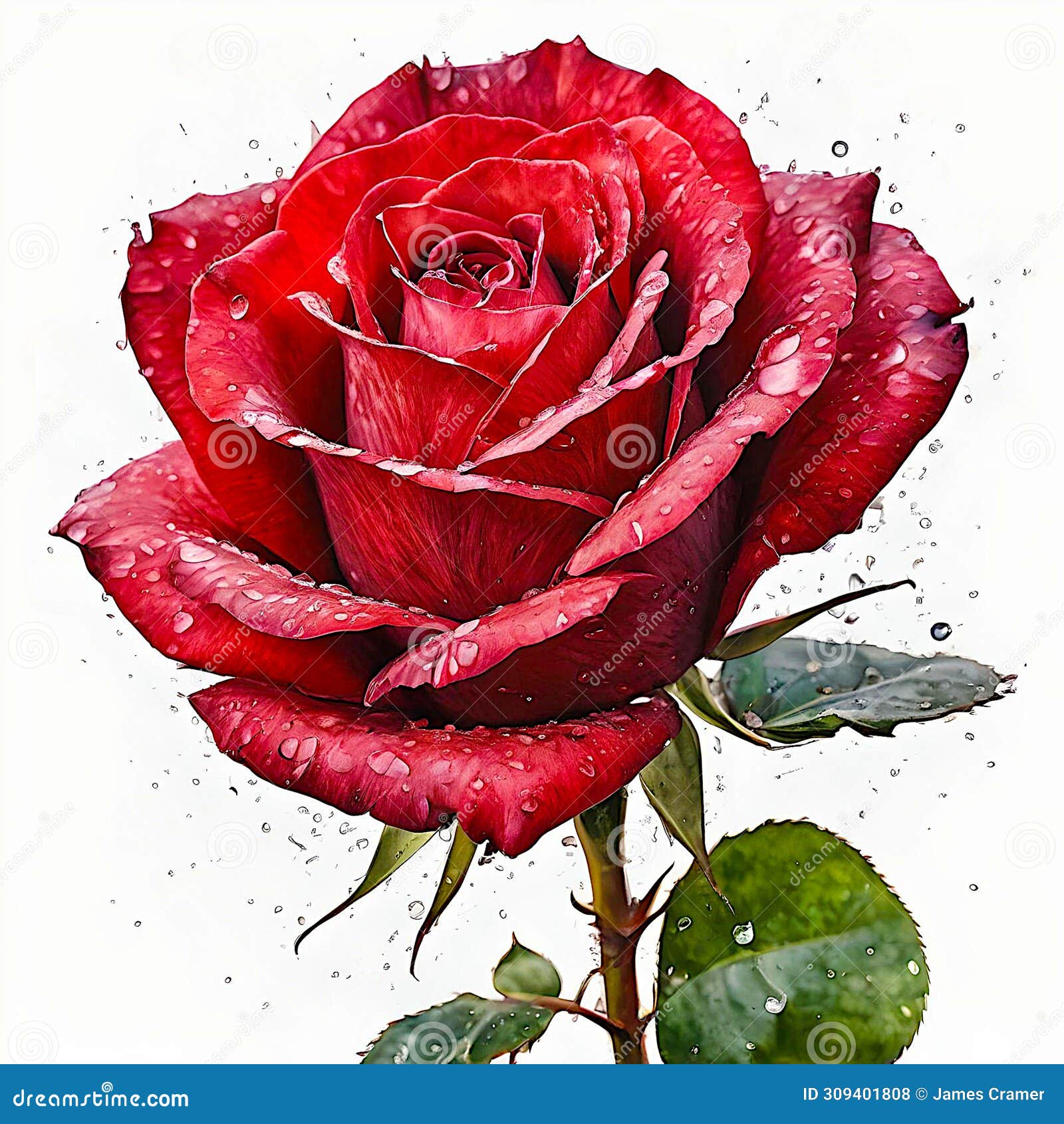 Illustration of a Beautiful Single Rose with Raindrops. Watercolour ...