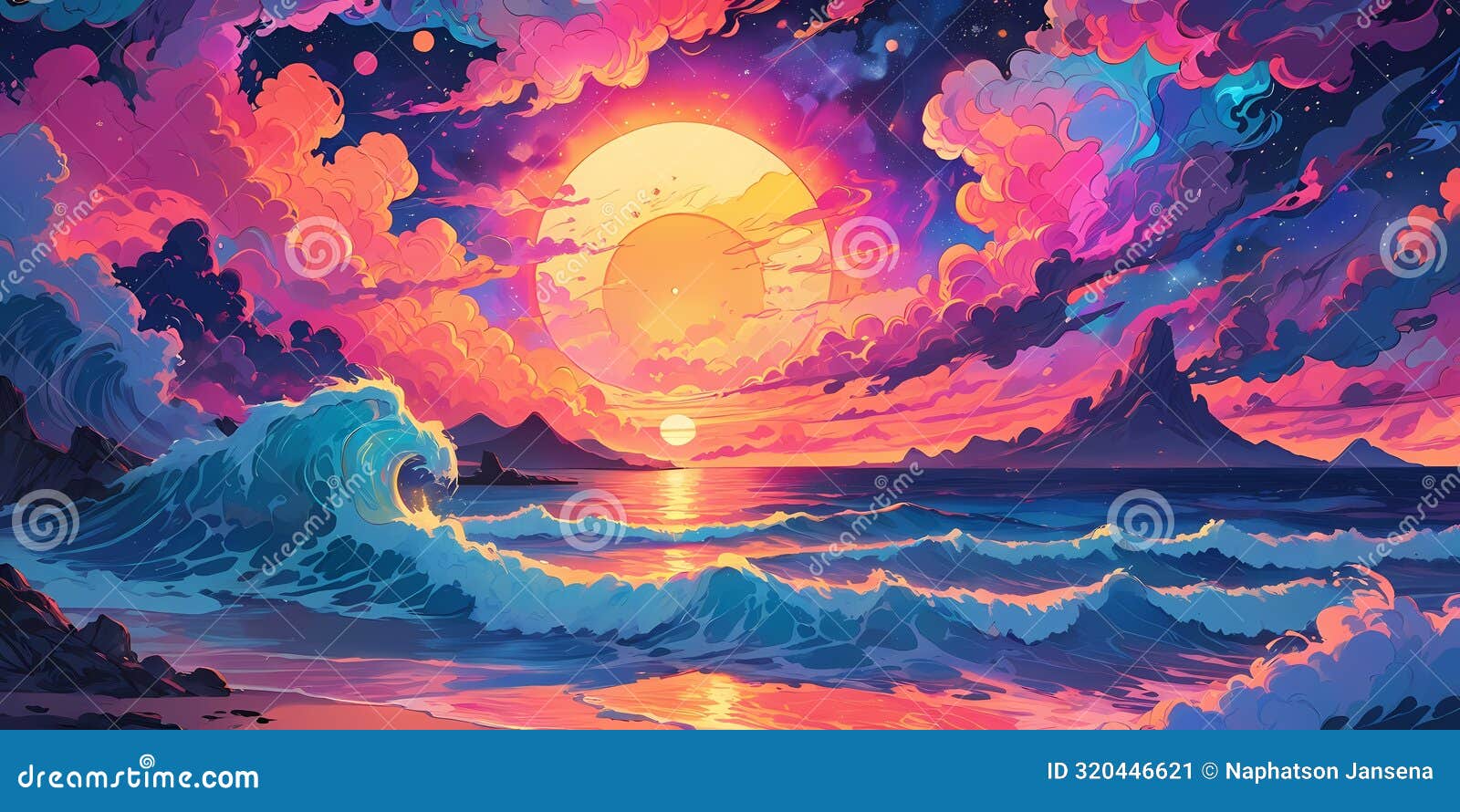 Illustration of Beautiful Sunset at the Beach in Psychedelic Art Style ...