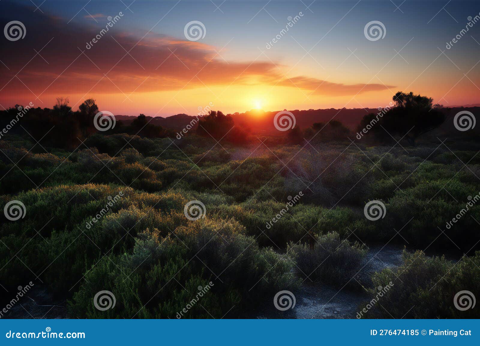 Beautiful Sunset Over the Prairie with Trees and Shrubs in the ...