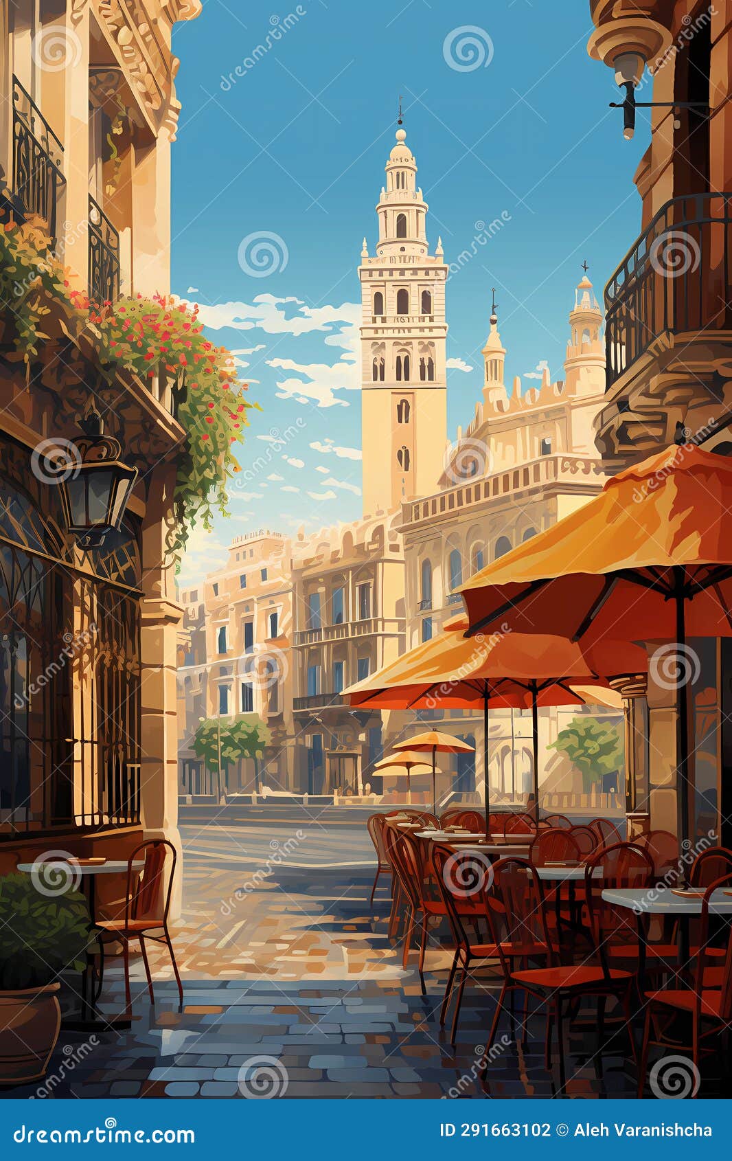 Illustration of Beautiful View of the City of Sevilla, Spain Stock ...