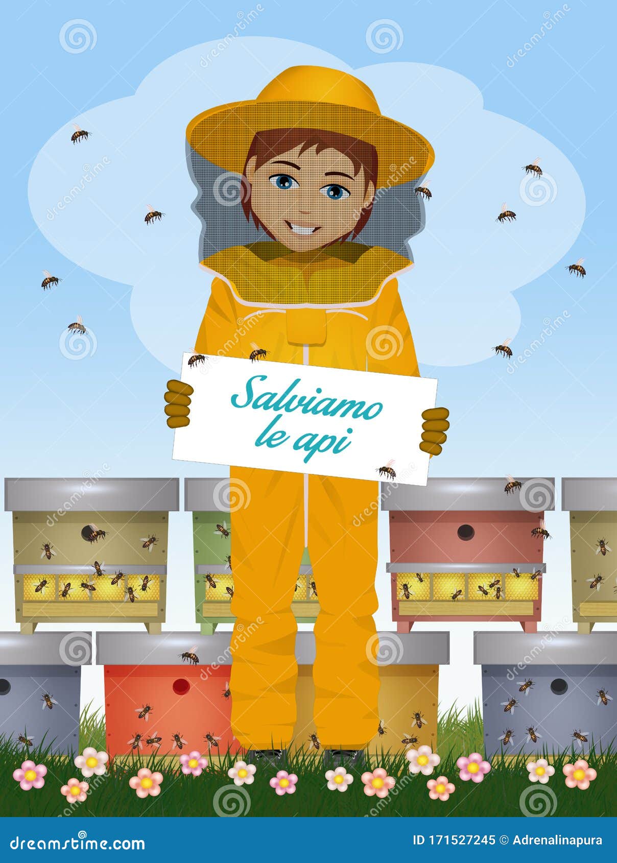 Beekeeper Man with Postcard Save the Bees Stock Illustration ...