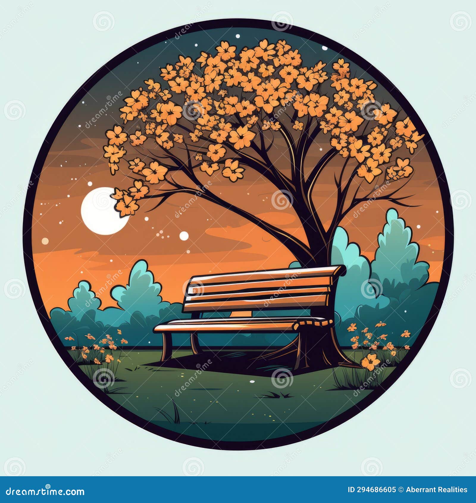 An Illustration of a Bench Under a Tree at Night Stock Illustration ...