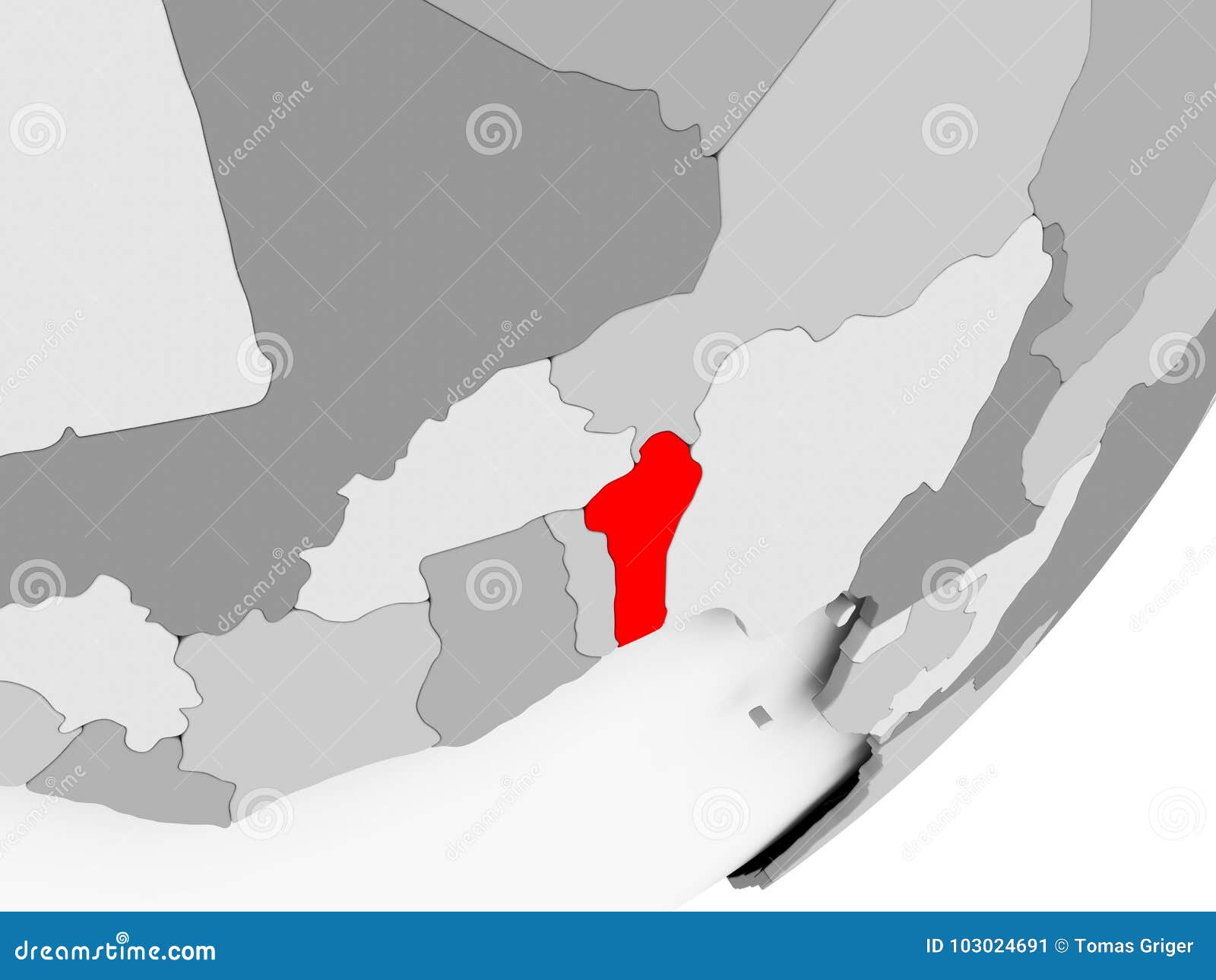 Benin in red on grey map stock illustration. Illustration of country ...