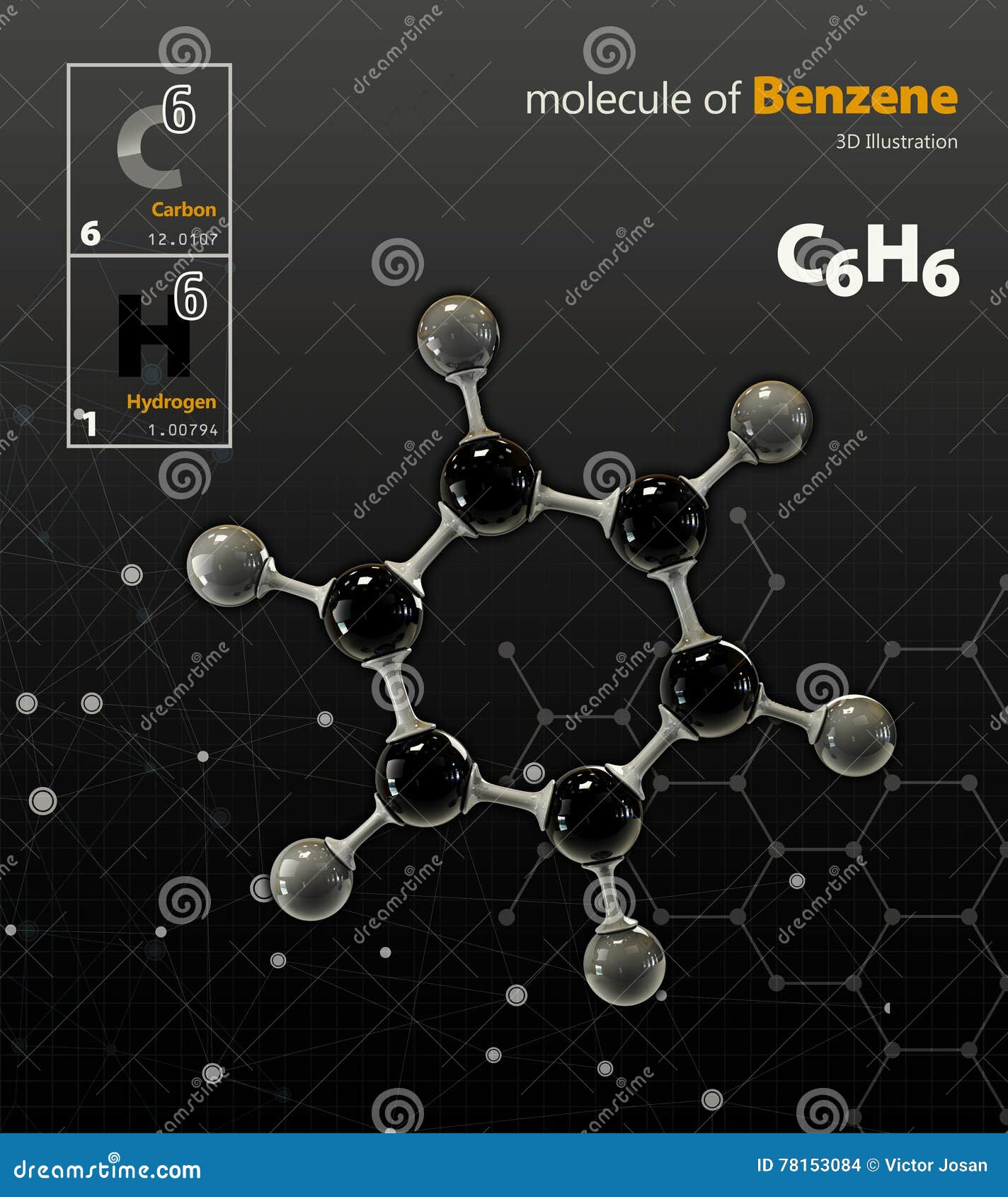 Illustration of Benzene Molecule Black Background Stock Illustration ...