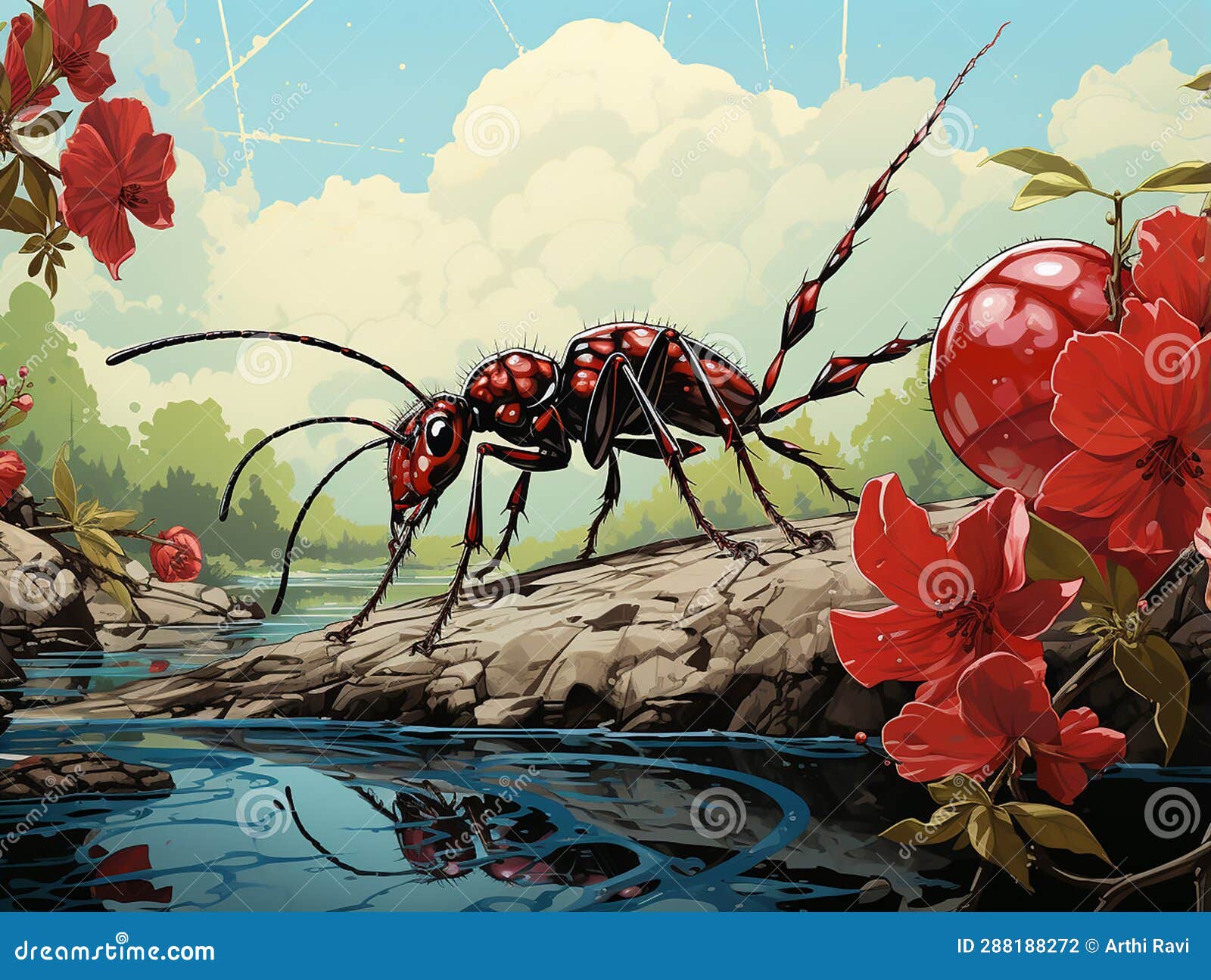 Illustration of a Big Ant Eating Apple on Leaf Back Stock Illustration ...