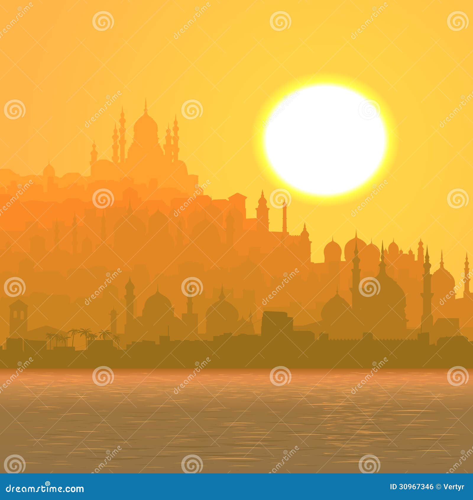 Illustration of Big Arab City by Sea at Sunset. Stock Vector ...