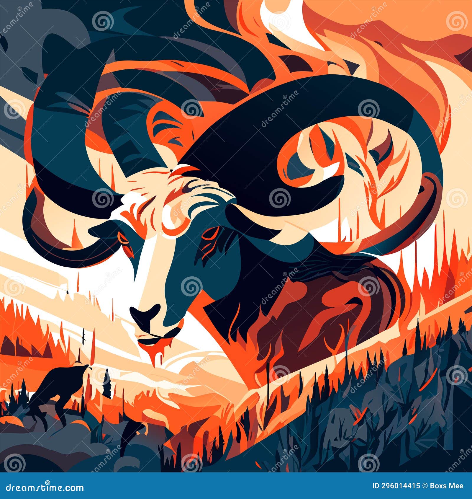 Illustration of a Big Horned Ram on a Fire Background. Generative AI 库存 ...