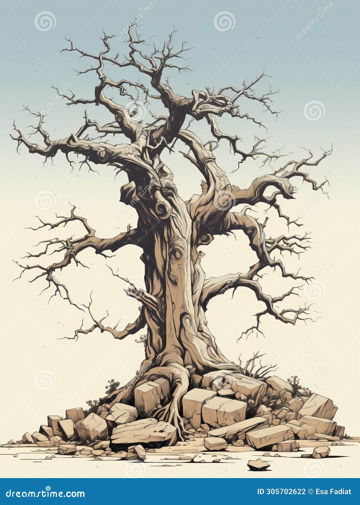 Illustration of a Big Old Tree in the Desert. Vintage Style Stock ...