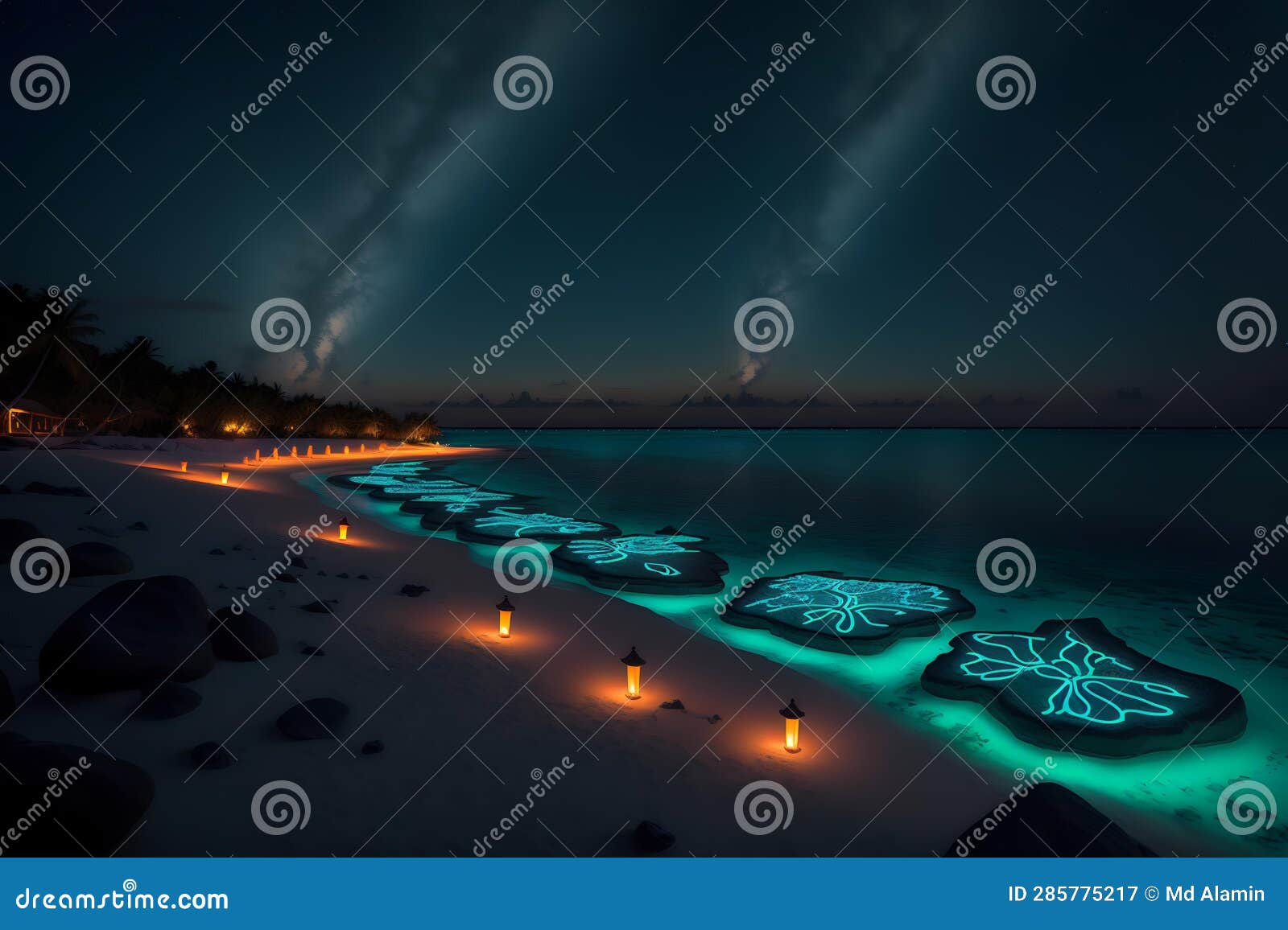 An Illustration of the Bioluminescence Shore in Maldives Stock ...