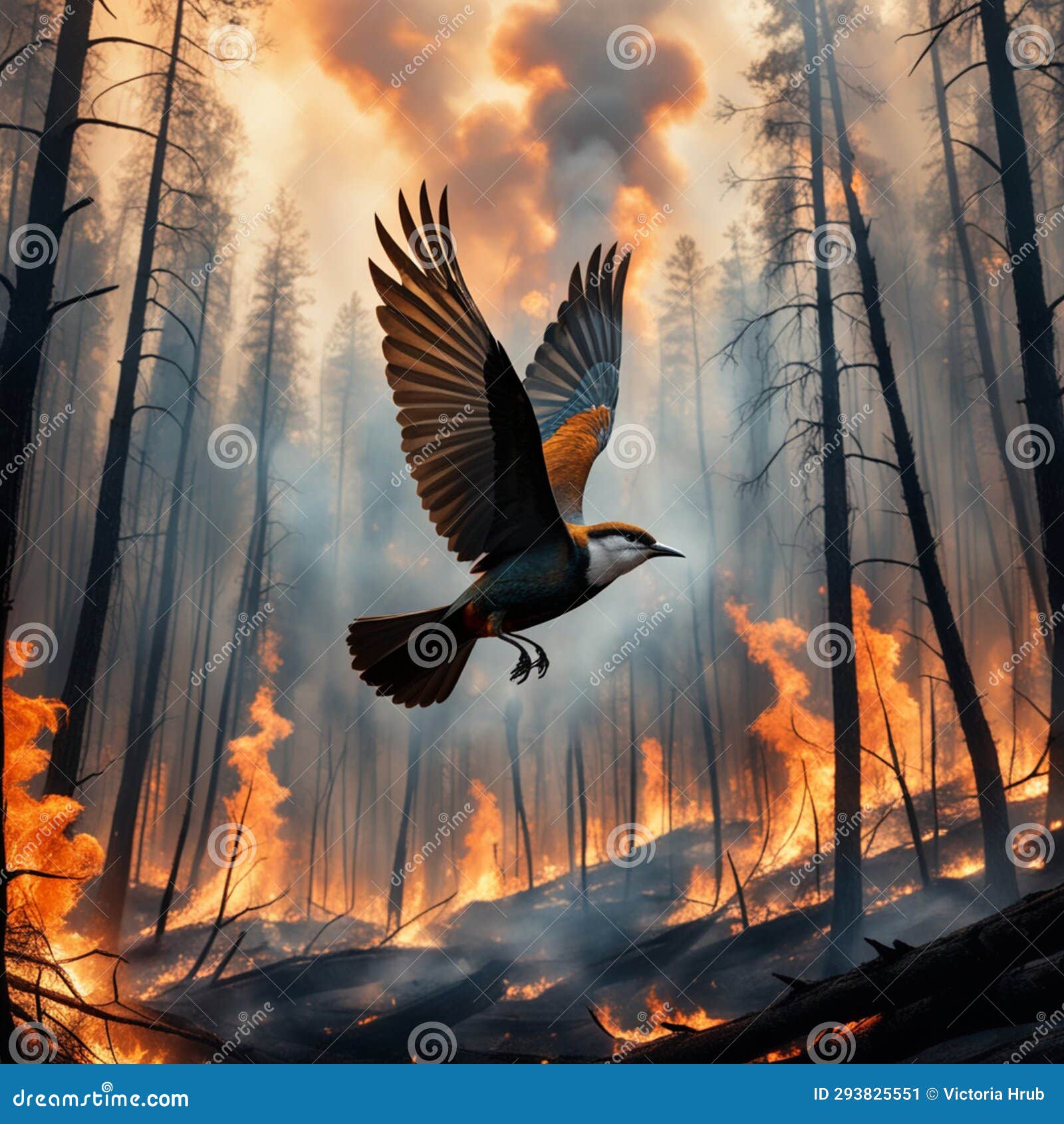 Illustration, a Bird in a Burning Forest Stock Illustration ...