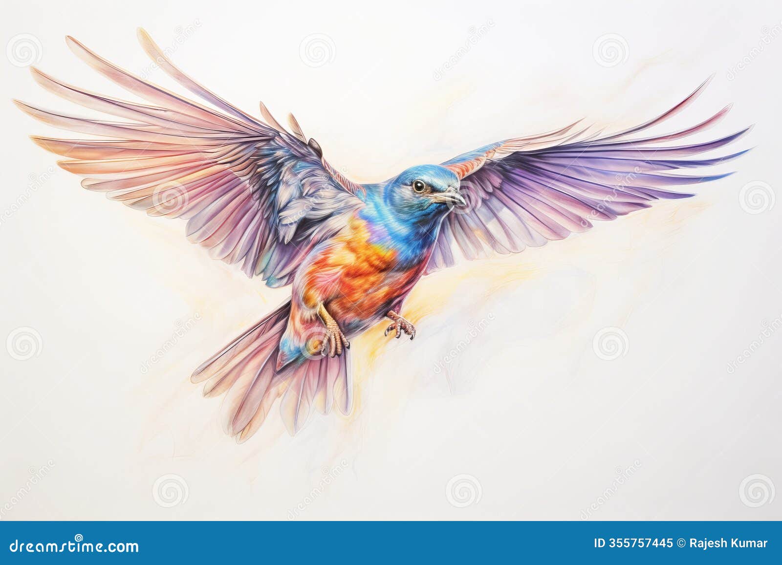 Illustration of a Bird in Flight Drawn in Coloured Pencil Side ...