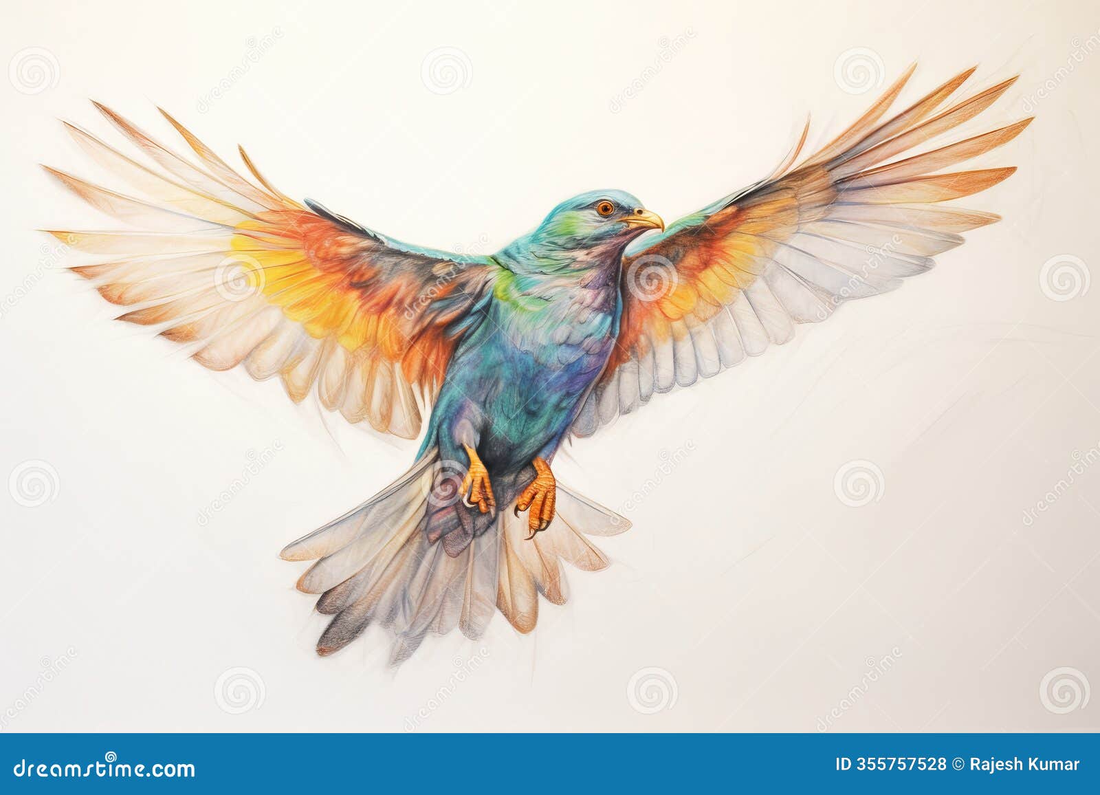 Illustration of a Bird in Flight Drawn in Coloured Pencil Side ...